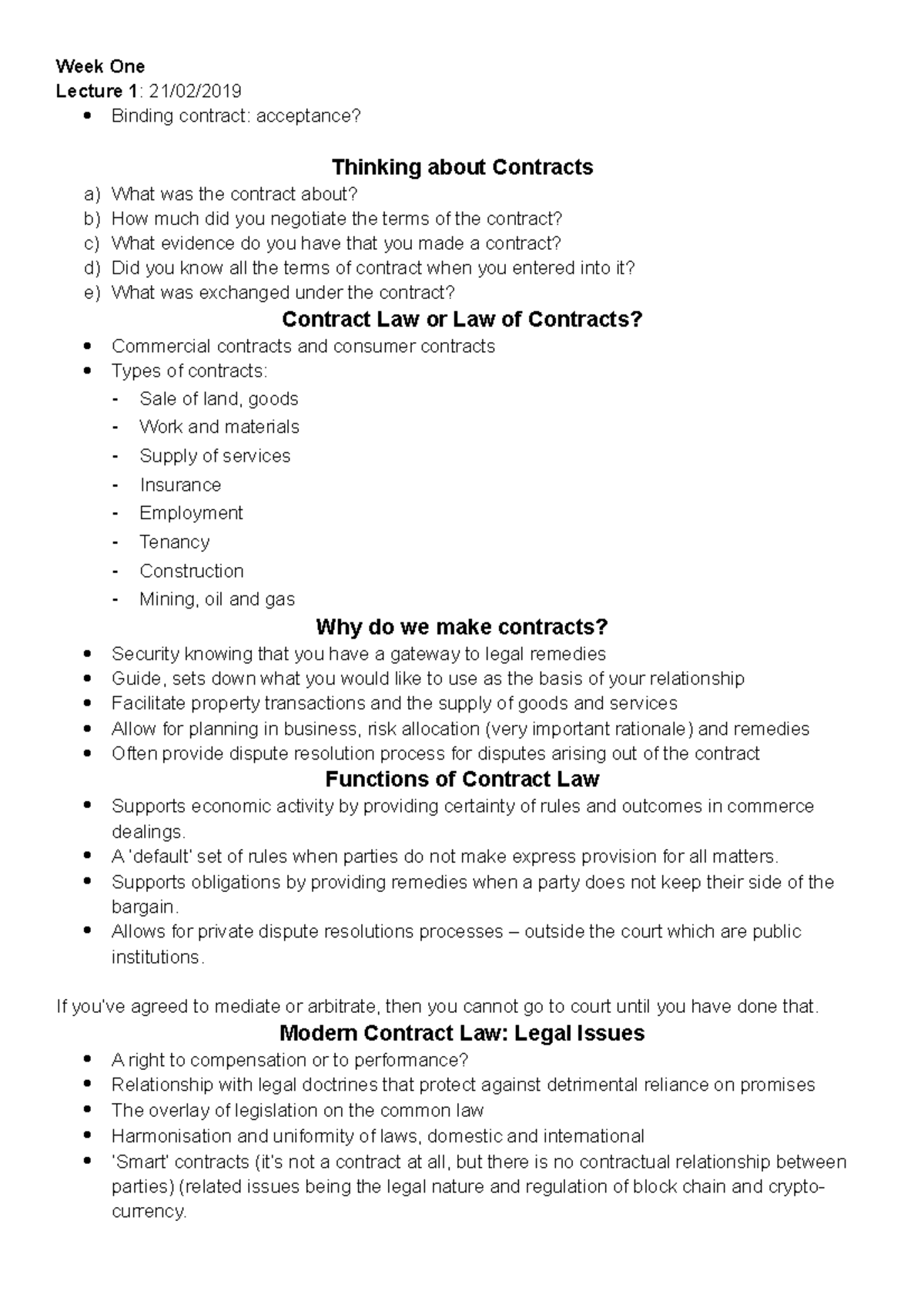 LAWS4103 - Conract Law Lecture Notes - Week One Lecture 1: 21/02 ...