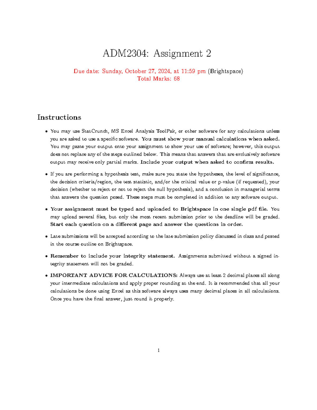 ADM2304 Assignment 2 Fall 2024 Detailed Rubric - ADM2304: Assignment 2 Due date: Sunday, October ...