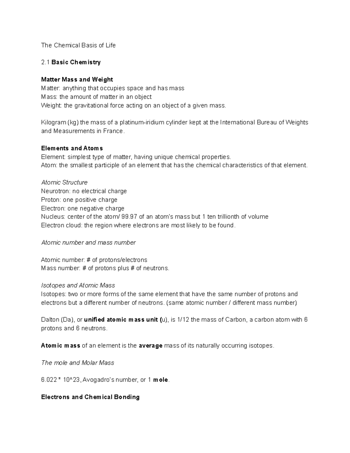 A&P Notes Chapter 2 - The Chemical Basis of Life 2 Basic Chemistry ...