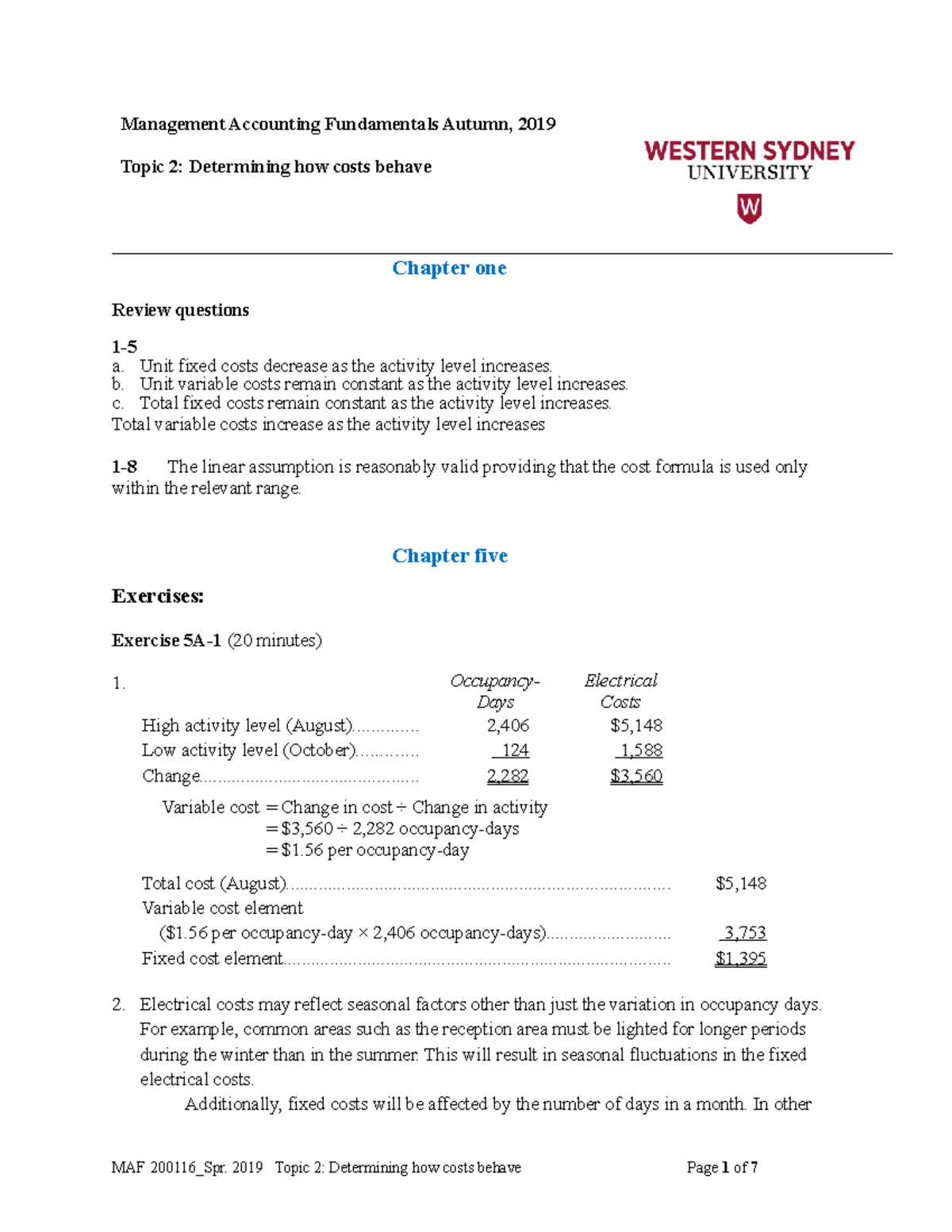 Week 2 - Solutions - Management Accounting Fundamentals Autumn, 2019 ...