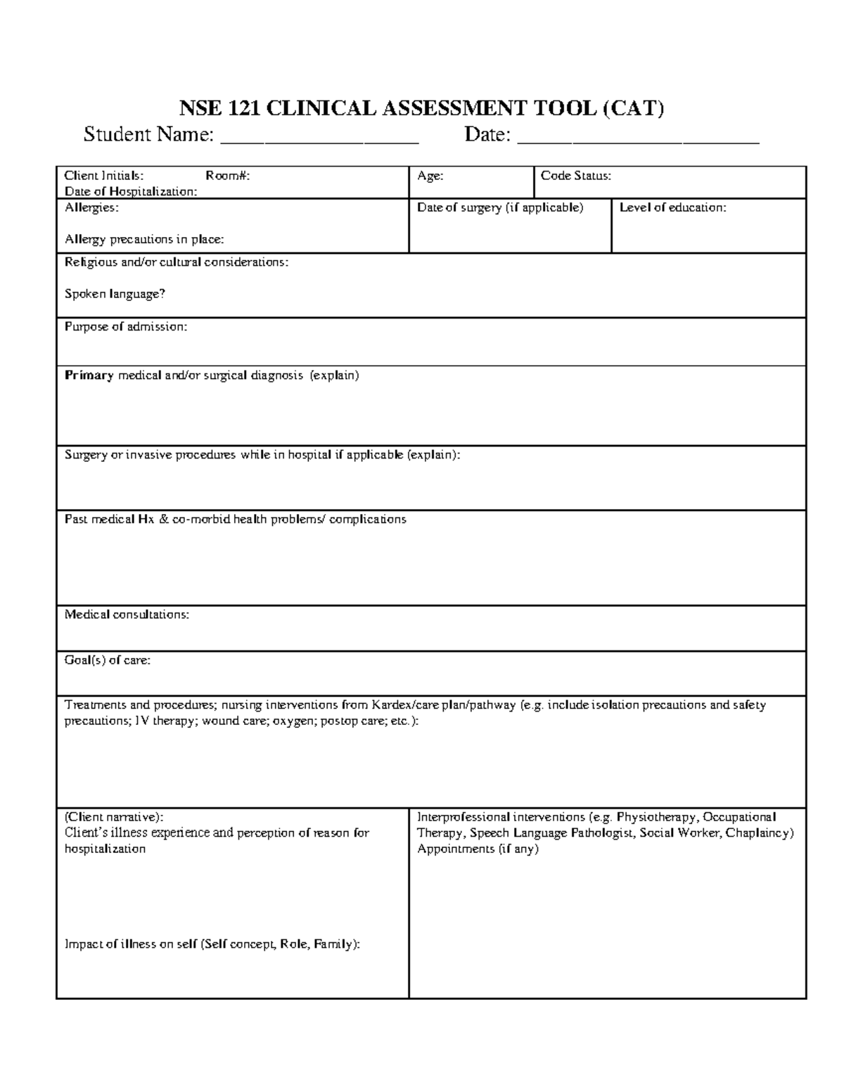 NSE 121 Clinical Assessment Tool - NSE 121 CLINICAL ASSESSMENT TOOL ...