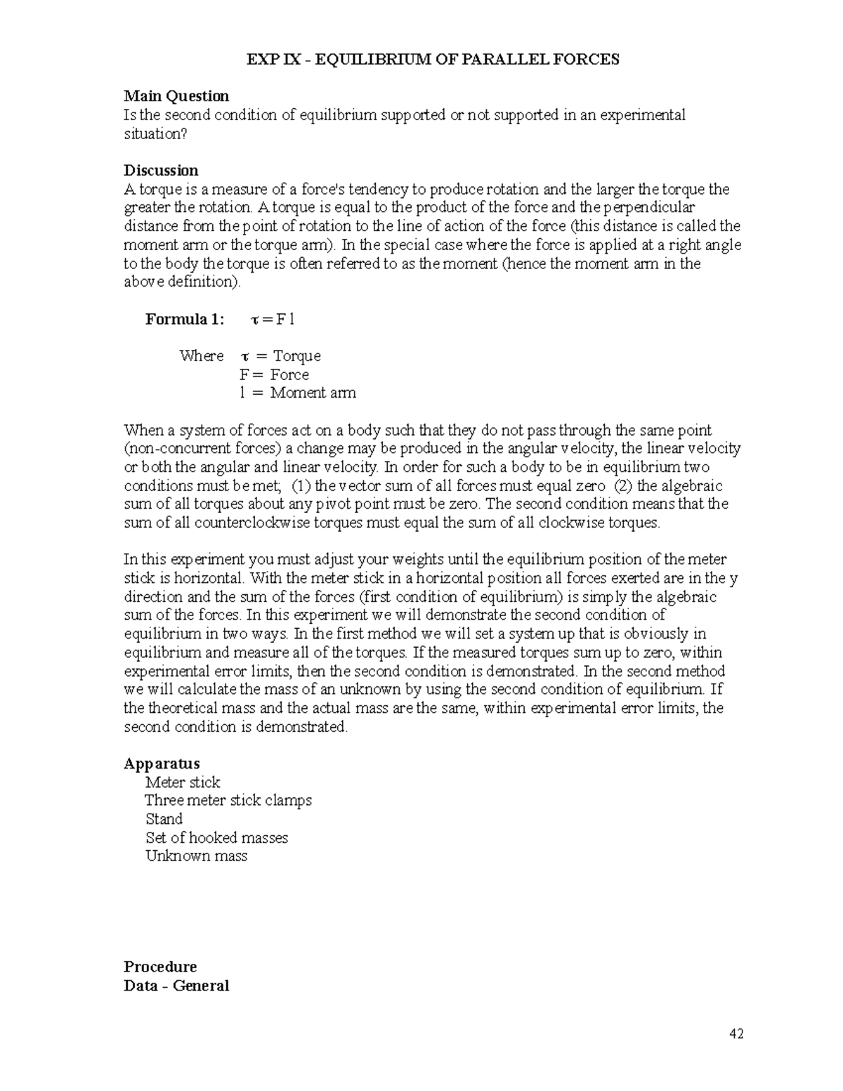 E9 Parallel Forces - Lecture notes 4 - EXP IX - EQUILIBRIUM OF PARALLEL ...