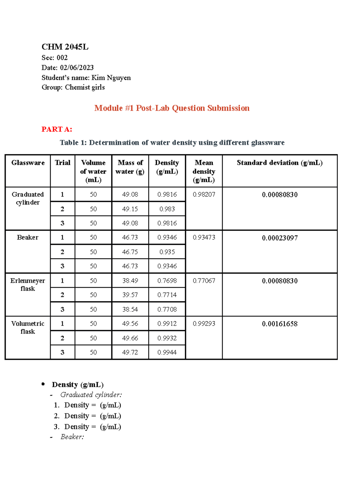 Module #1 Post-Lab Question Submission - CHM 2045L Sec: 002 Date: 02/06/ Student’s name: Kim ...