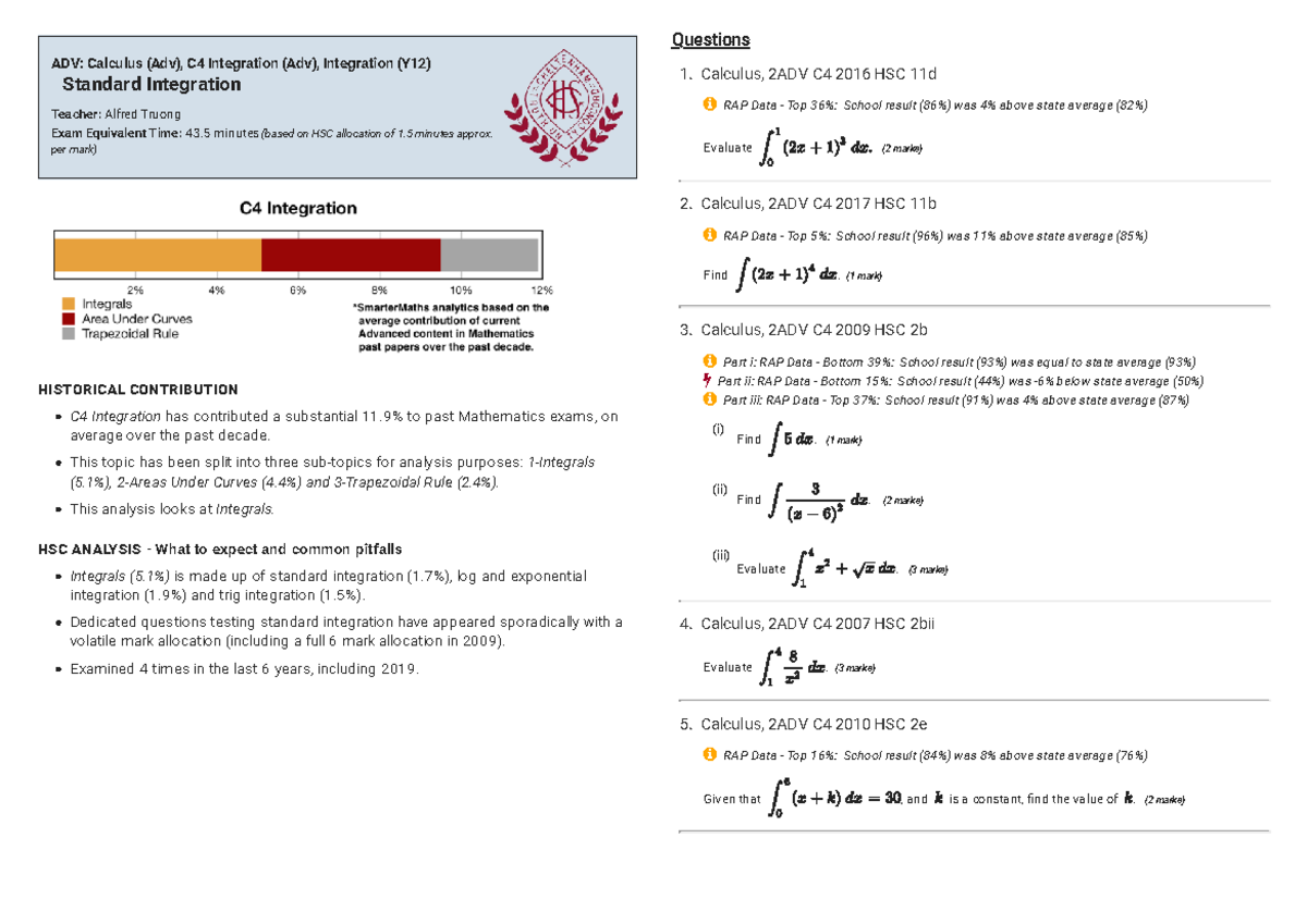 12 - Integration - Standard Integration - ADV: Calculus (Adv), C4 ...