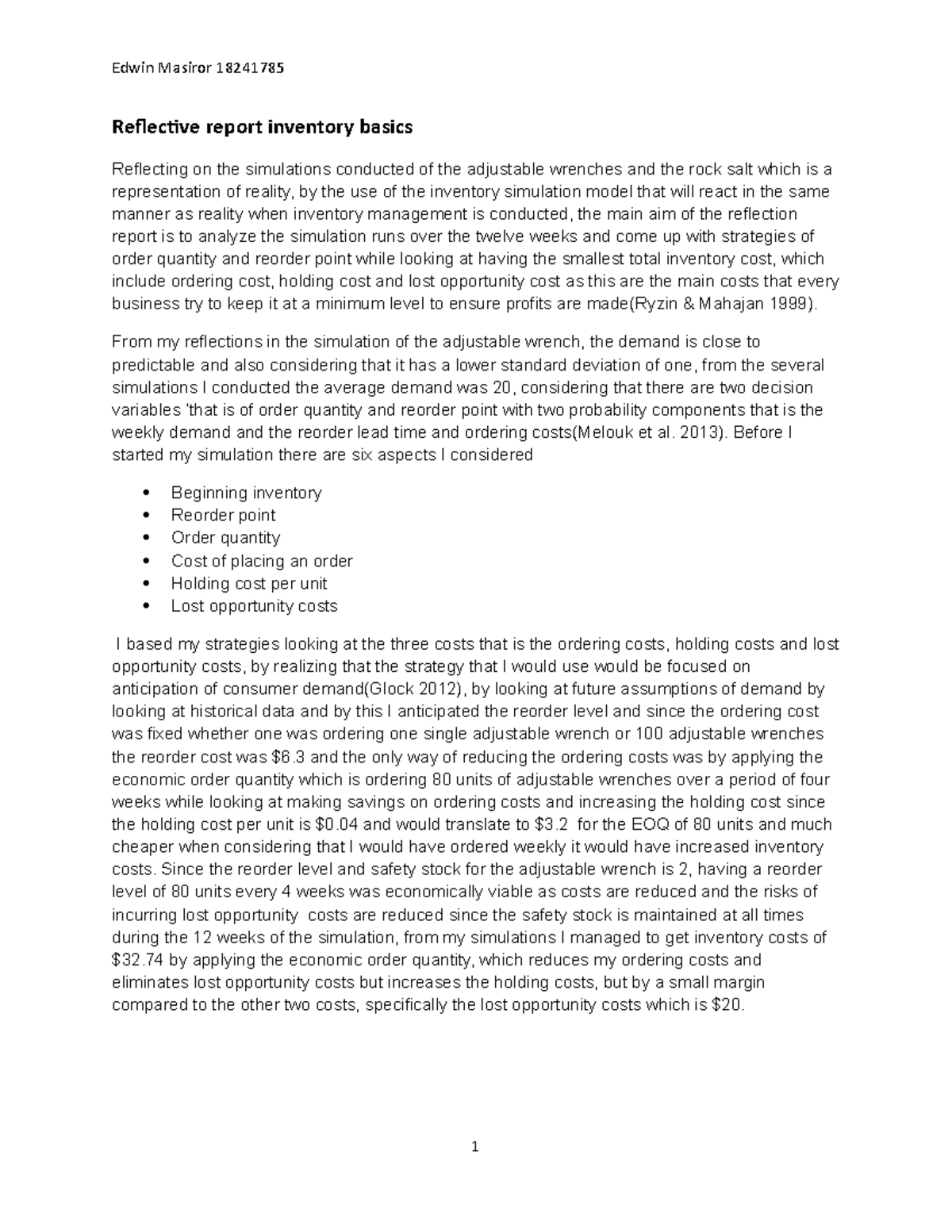 Simulation Reflective Report_ Balancing Process Capacity - Edwin Masiror 18241785 Reflective ...