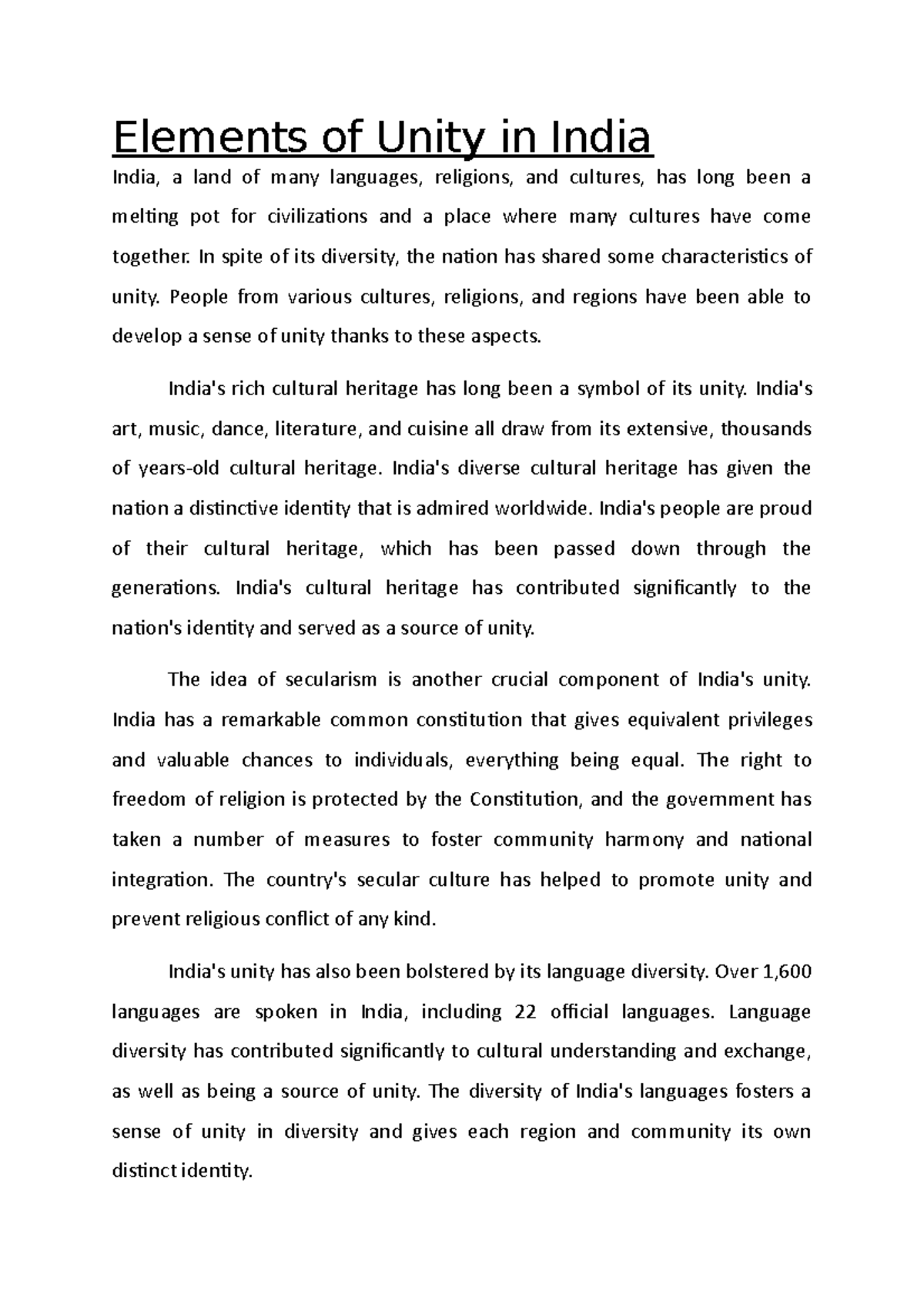 Elements of Unity in India - Elements of Unity in India India, a land ...