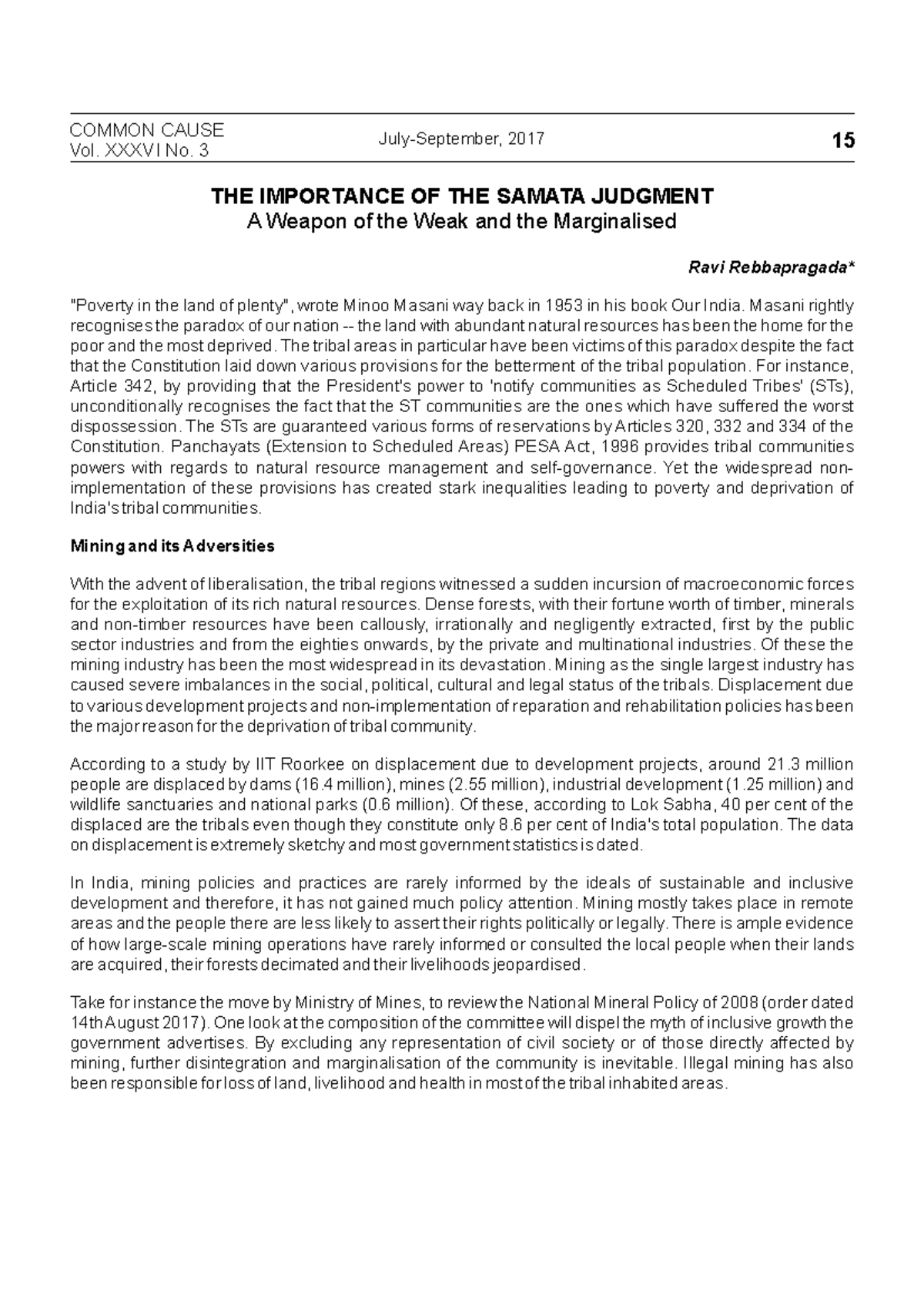 Samata-Judgment - 15 Vol. XXXVI No. 3 July-September, 2017 THE ...