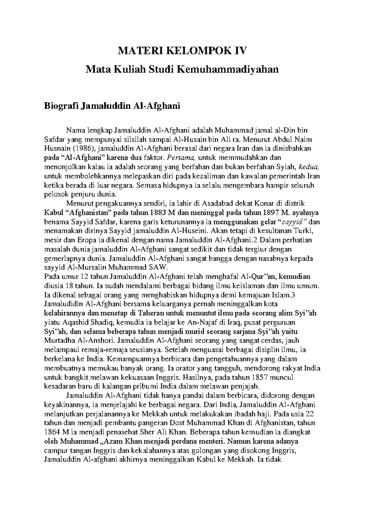 Tokoh Inspiratif Ahmad Dahlan Jamaluddin Al Afghani - MATERI KELOMPOK IV Mata Kuliah Studi - Studocu
