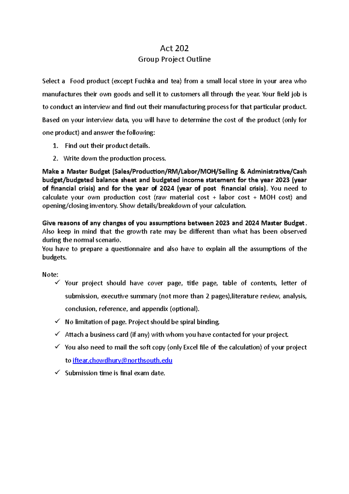 Act 202 Project outline-1 - Managerial Accounting - NSU - Studocu