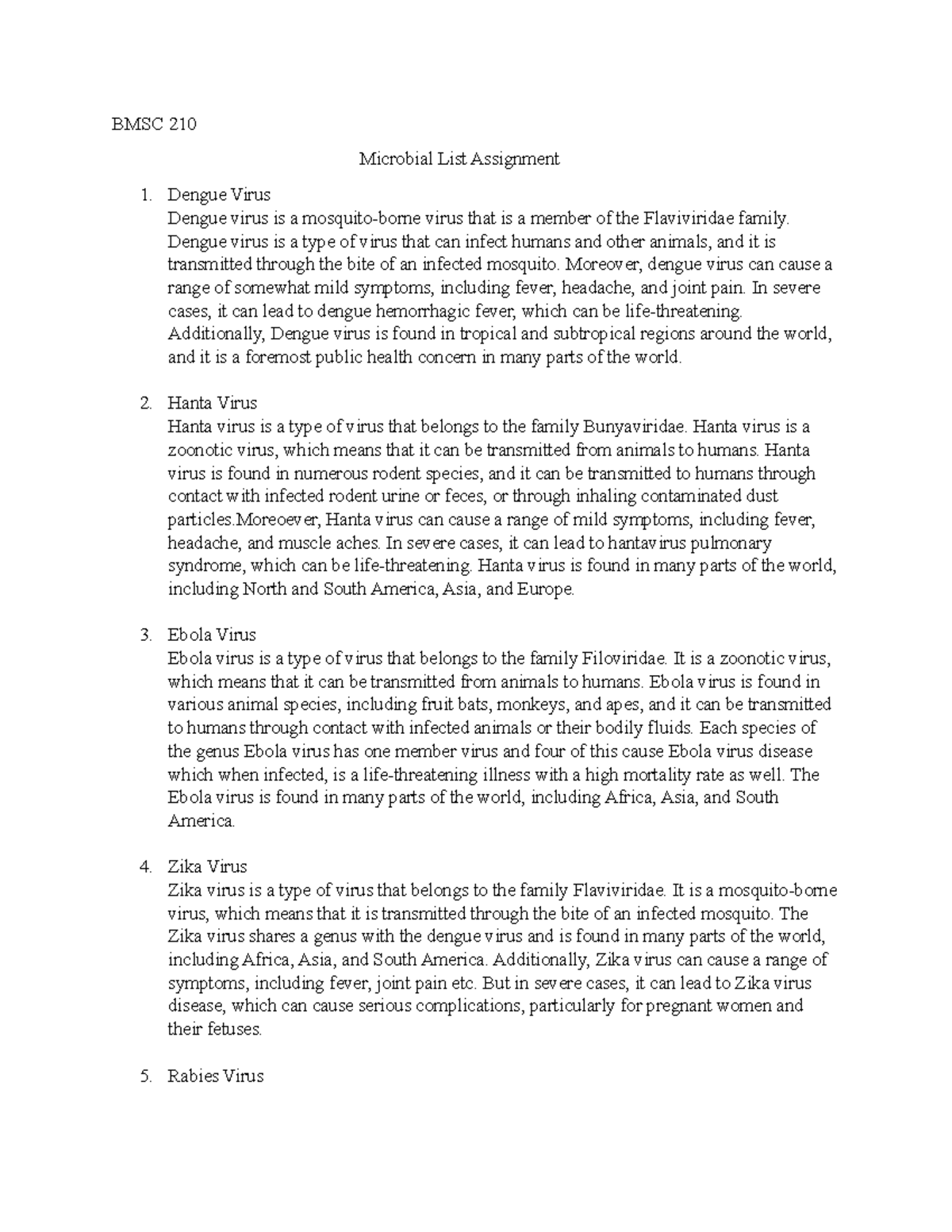 Final microbe list - list - BMSC 210 Microbial List Assignment Dengue ...