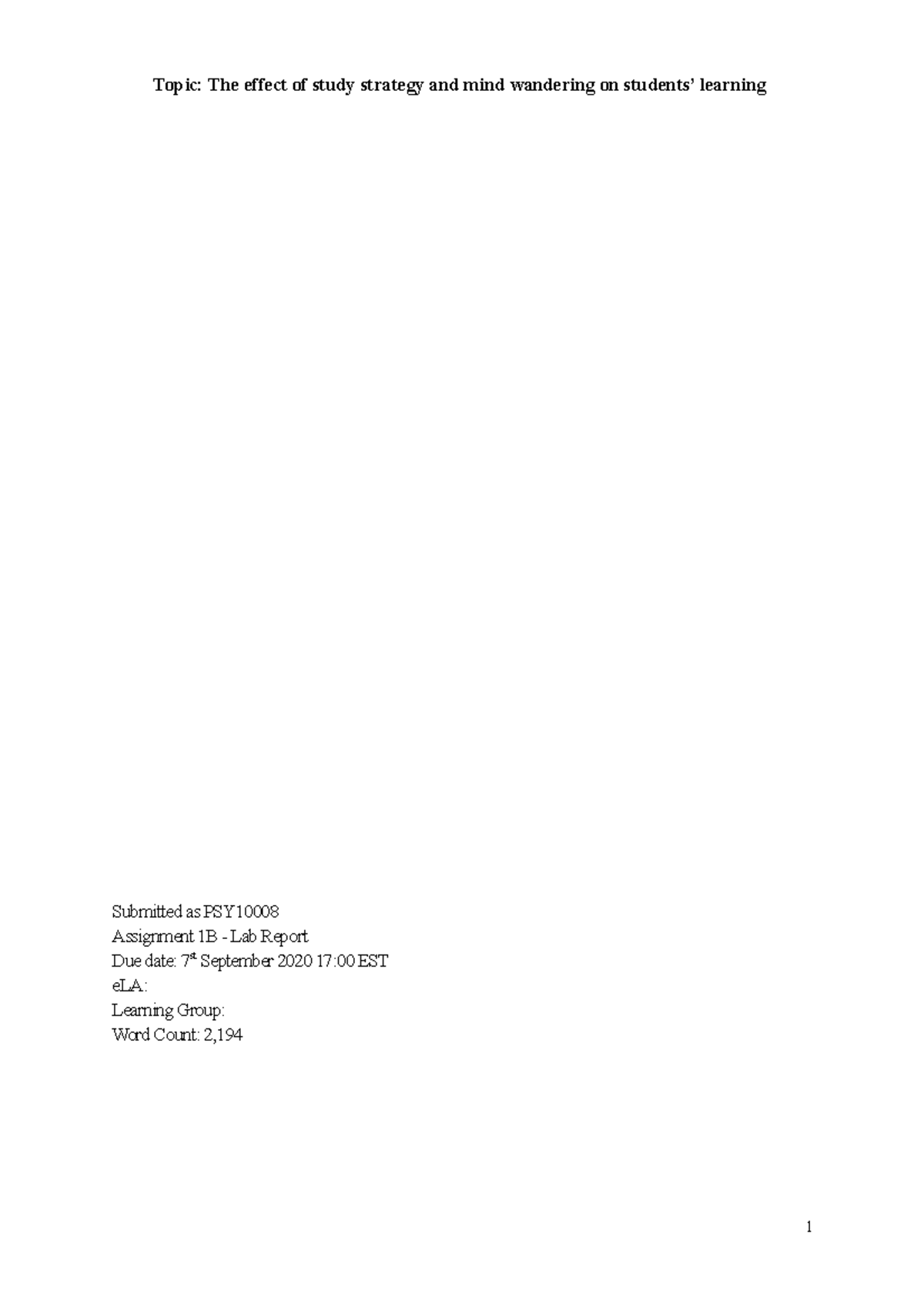 PSY10008 Assignment 1B The effect of mind wandering on student's ...