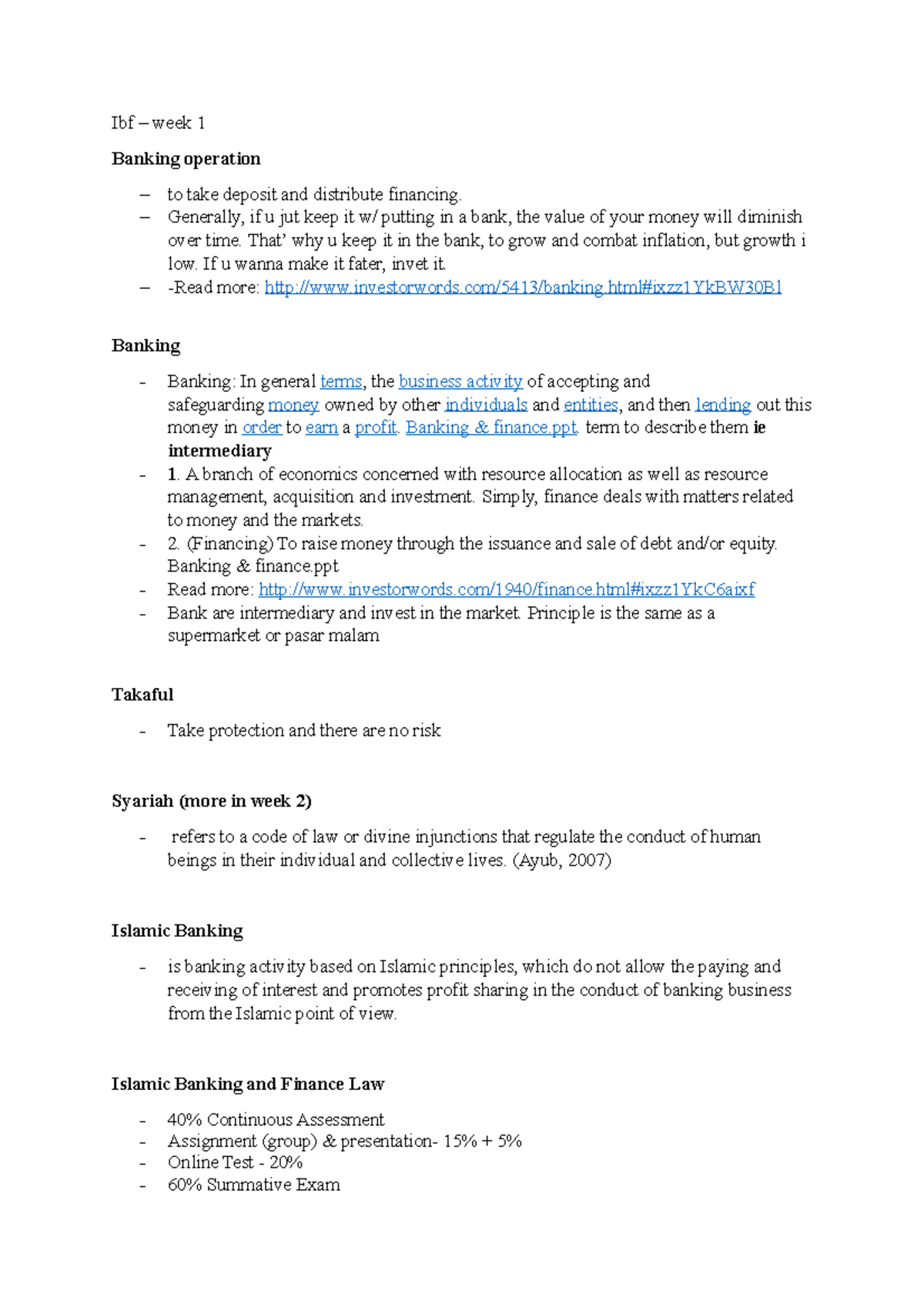 IBF Notes - For the first 3 weeks - Ibf – week 1 Banking operation to ...