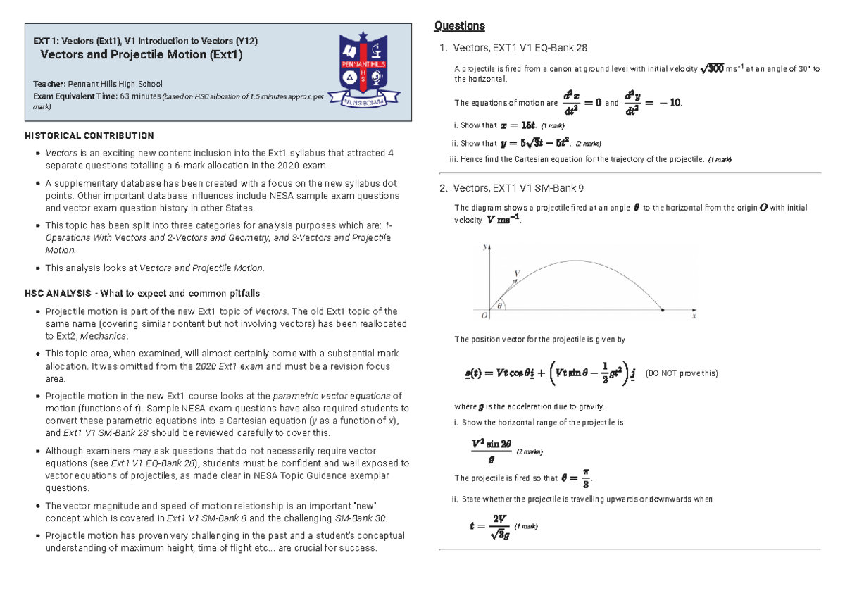 V1 Vectors&Projectile Motion - EXT 1: Vectors (Ext1), V1 Introduction ...