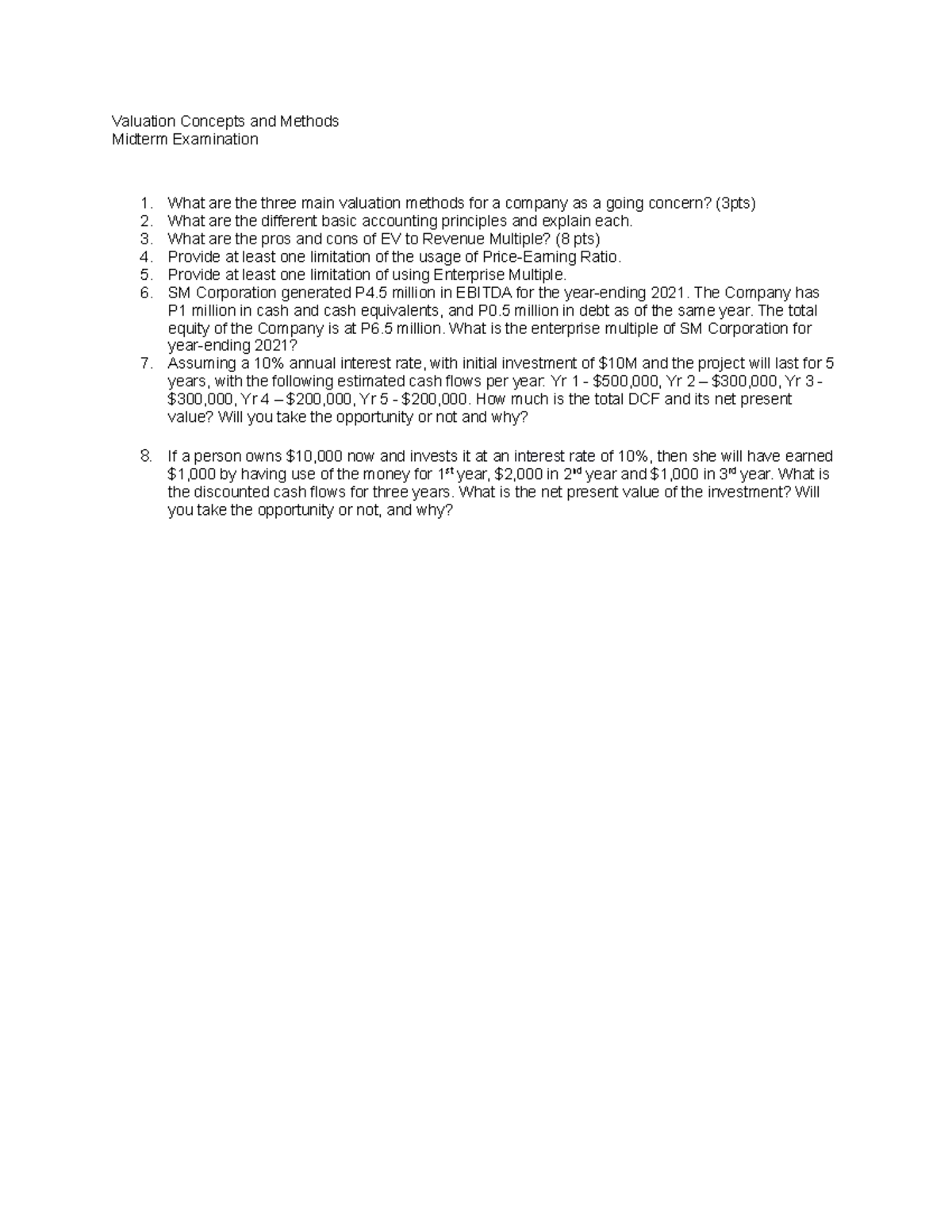 Valuation Concepts and Methods Midterm Examination - Valuation Concepts ...