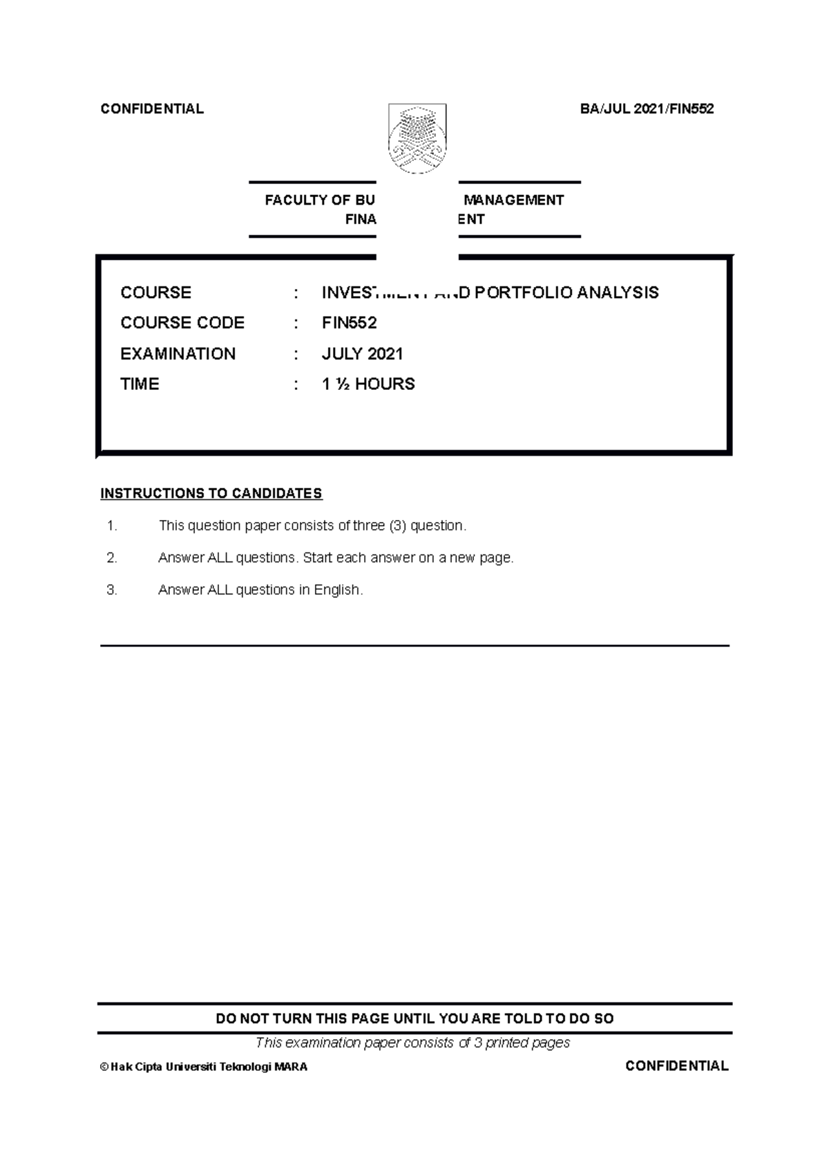 Final Assessment FIN552 Jul2021 - CONFIDENTIAL 1 BA/JUL 2021/FIN ...