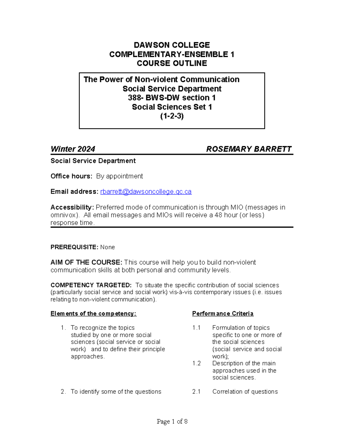 388 BWS DW 01 Barrett - Course Outline - DAWSON COLLEGE COMPLEMENTARY ...
