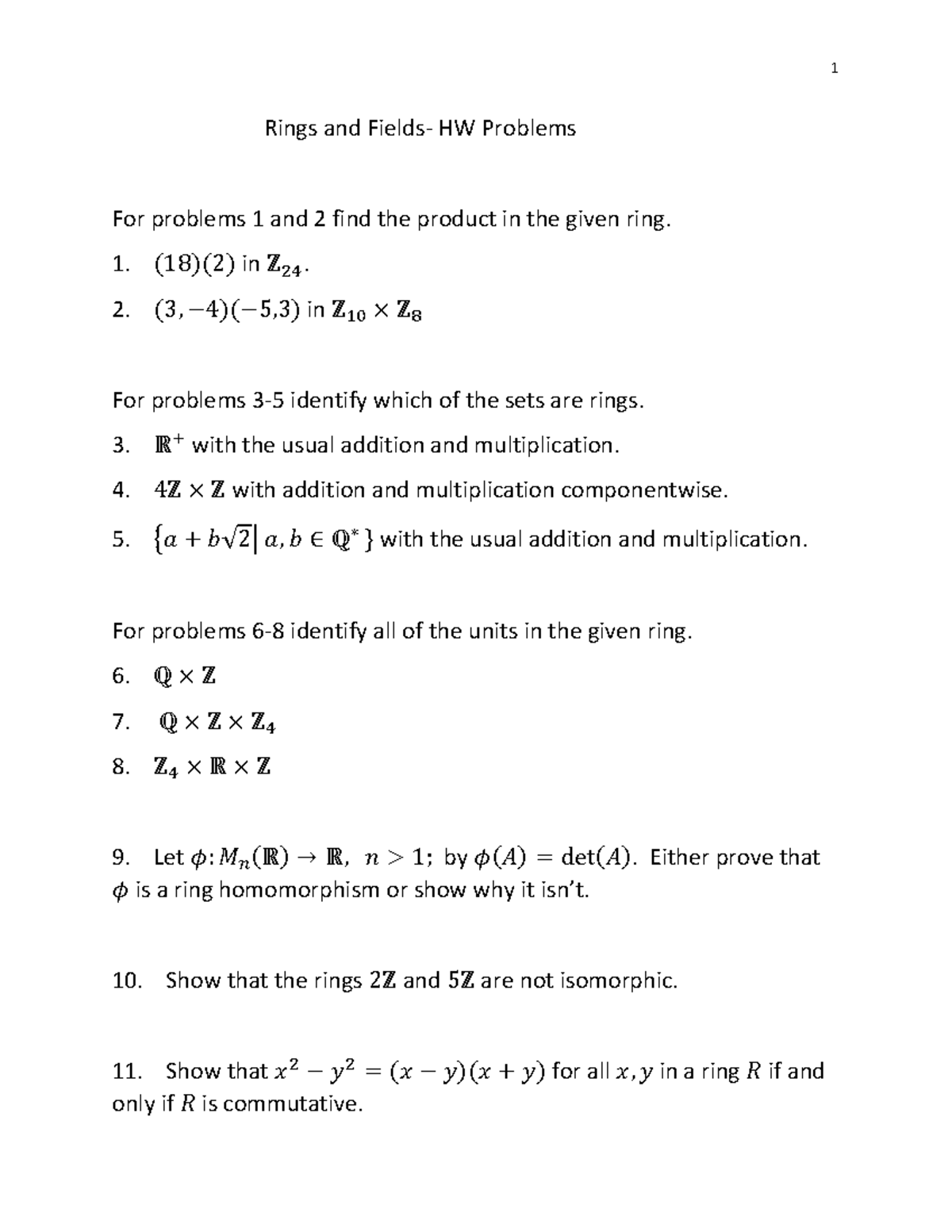 Rings hw - Abstract Algebra - 1 Rings and Fields- HW Problems For ...