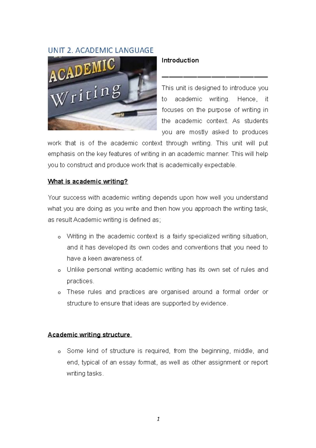 Academic writing - UNIT 2. ACADEMIC LANGUAGE Introduction ...