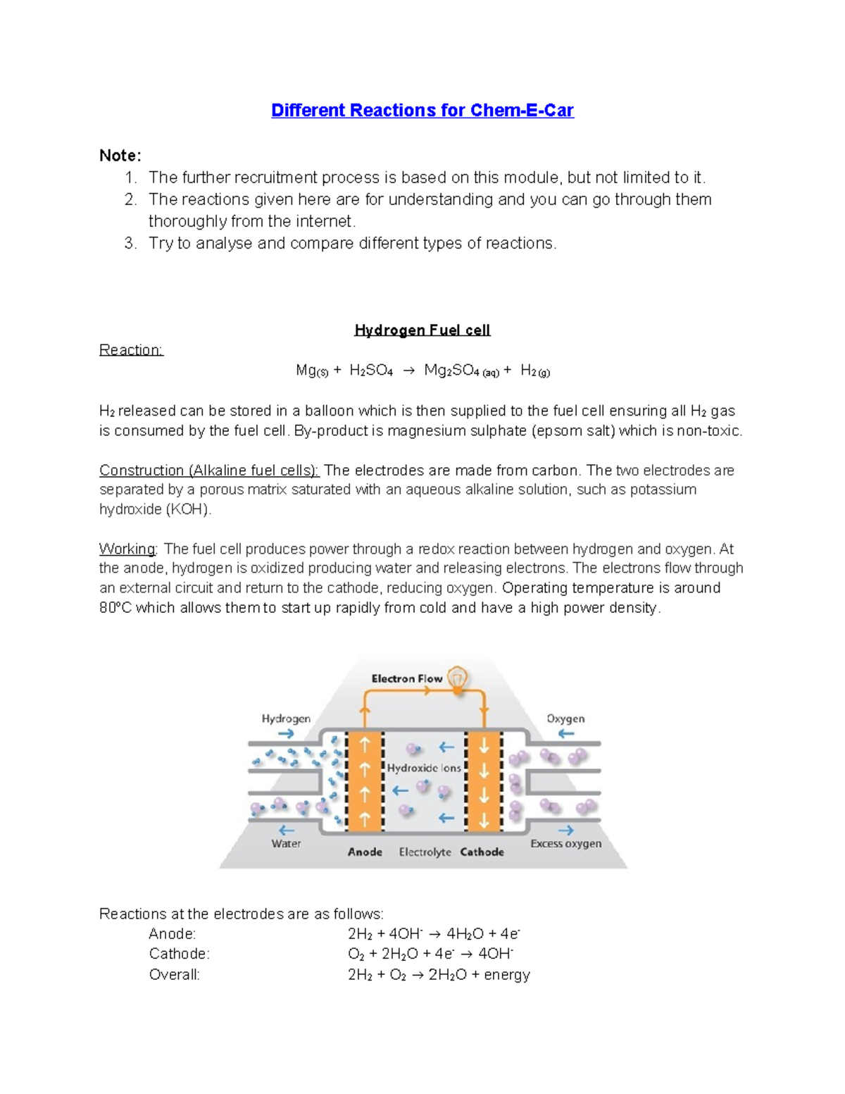 Chemecar Module - Different Reactions for Chem-E-Car Note: 1. The ...