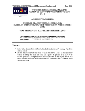 Topic 1 FMFTutorial 2 - FACULTY OF ACCOUNTANCY AND MANAGEMENT UKFF1023 ...