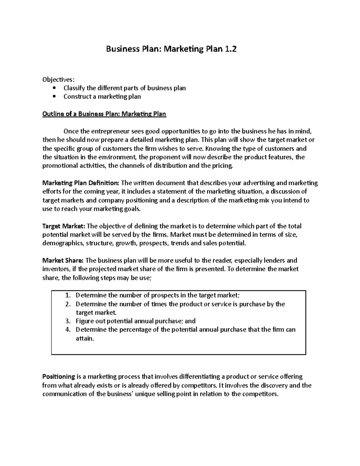 Marketing Plan 1 - Business Plan - Business Plan: Marketing Plan 1 ...