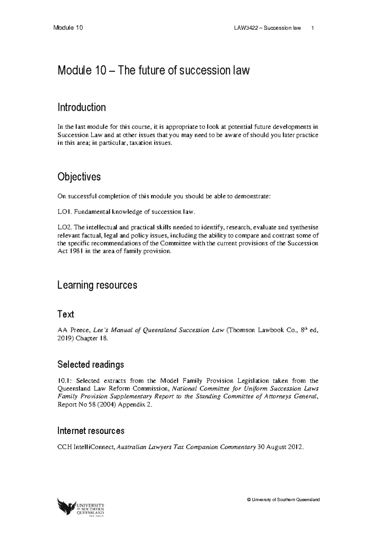 Module 10 - Course material - Module 10 LAW3422 – Succession law 1 ...