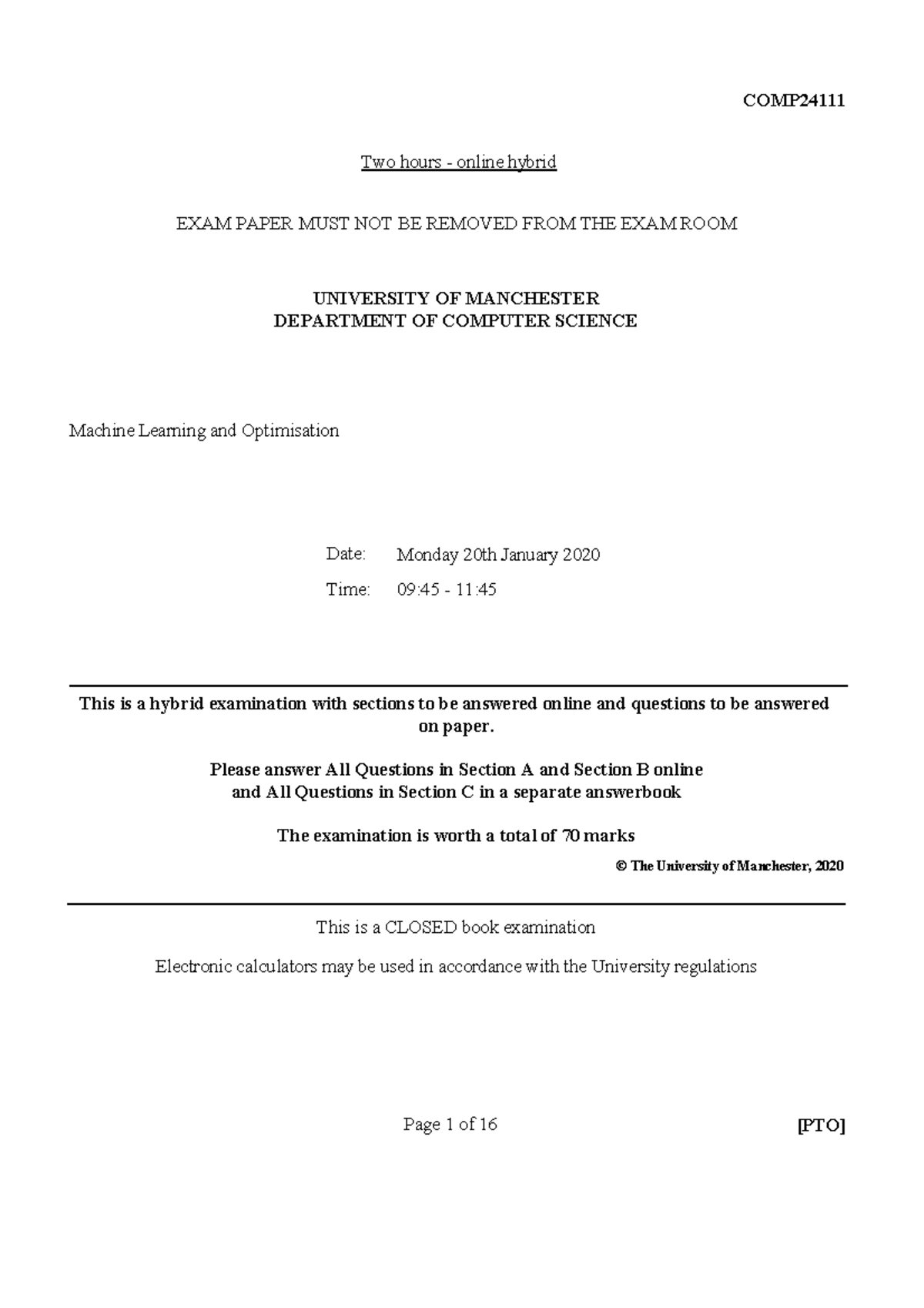 COMP24111 A B restricted - Two hours - online hybrid Machine Learning ...