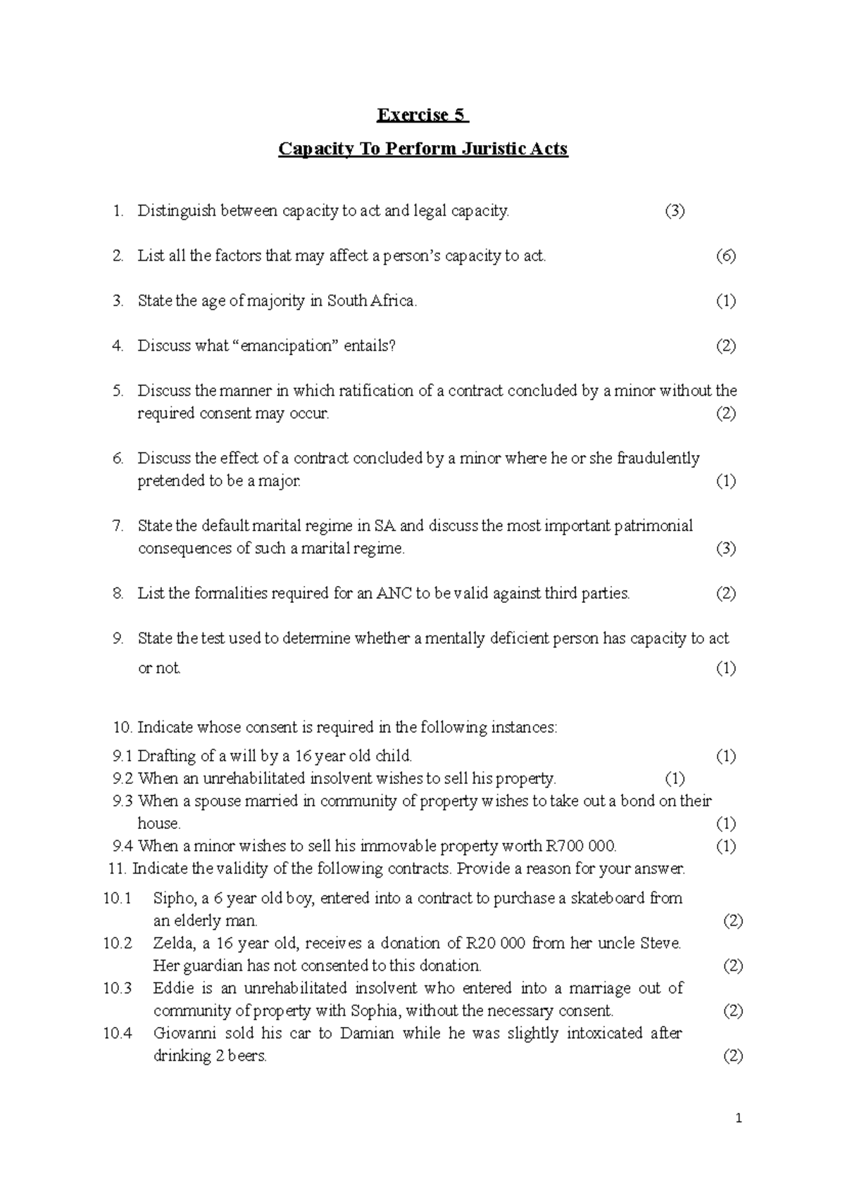 Exercise 5 - Capacity To Perform Juristic Acts - Distinguish between ...