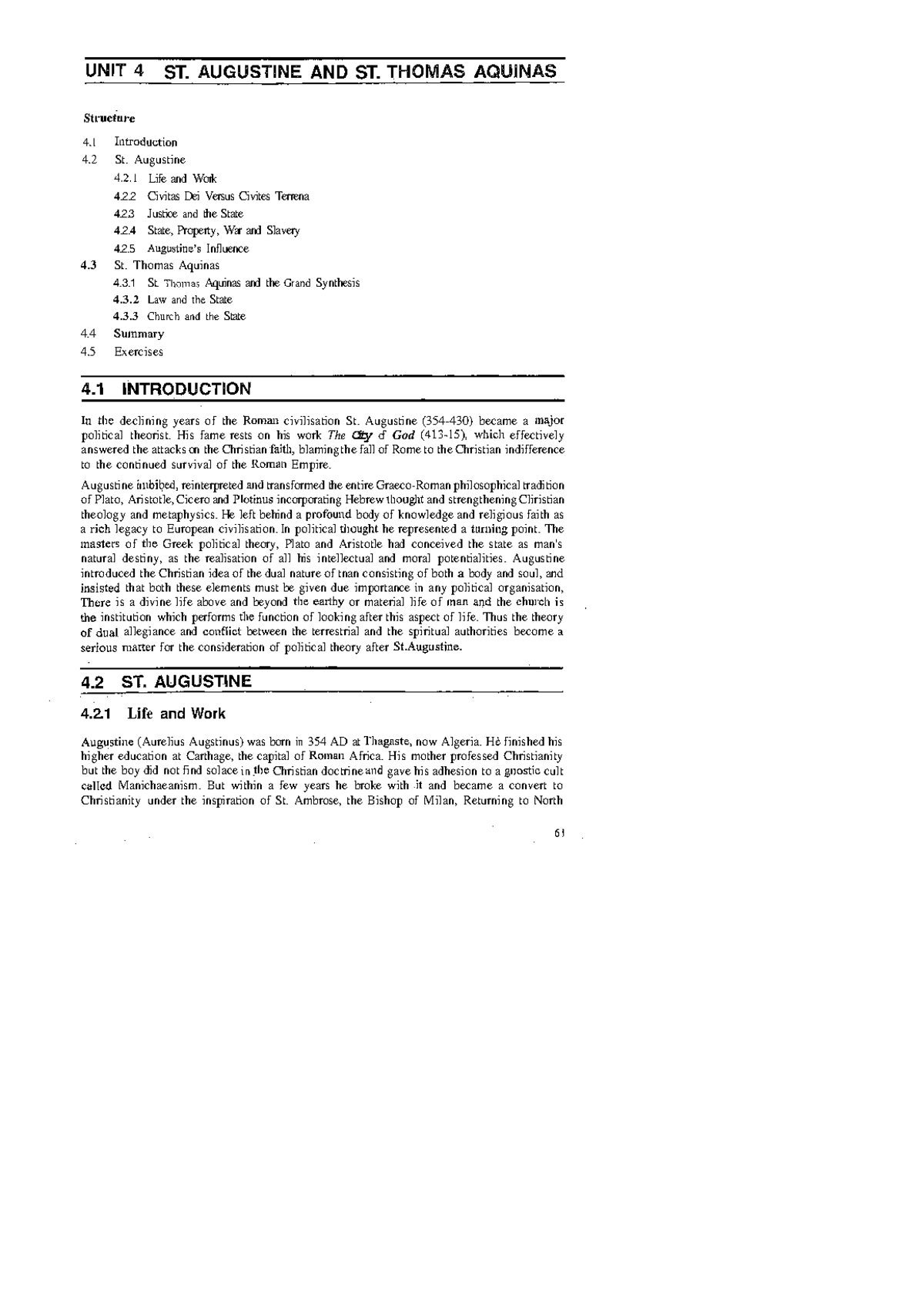 Unit-4 - Political science - UNIT 4 ST. AUGUSTINE AND ST. THOMaS AQUlNAS 4 I~ltroduction 4 St ...
