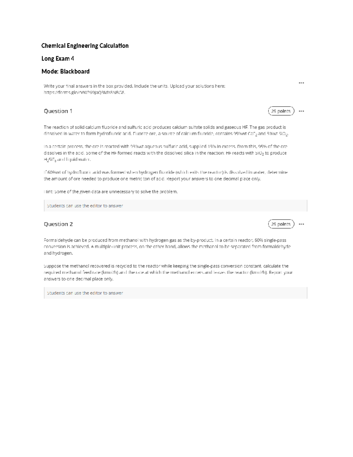 Ch E Cal LE 4 with solutions - Chemical Engineering - Chemical ...