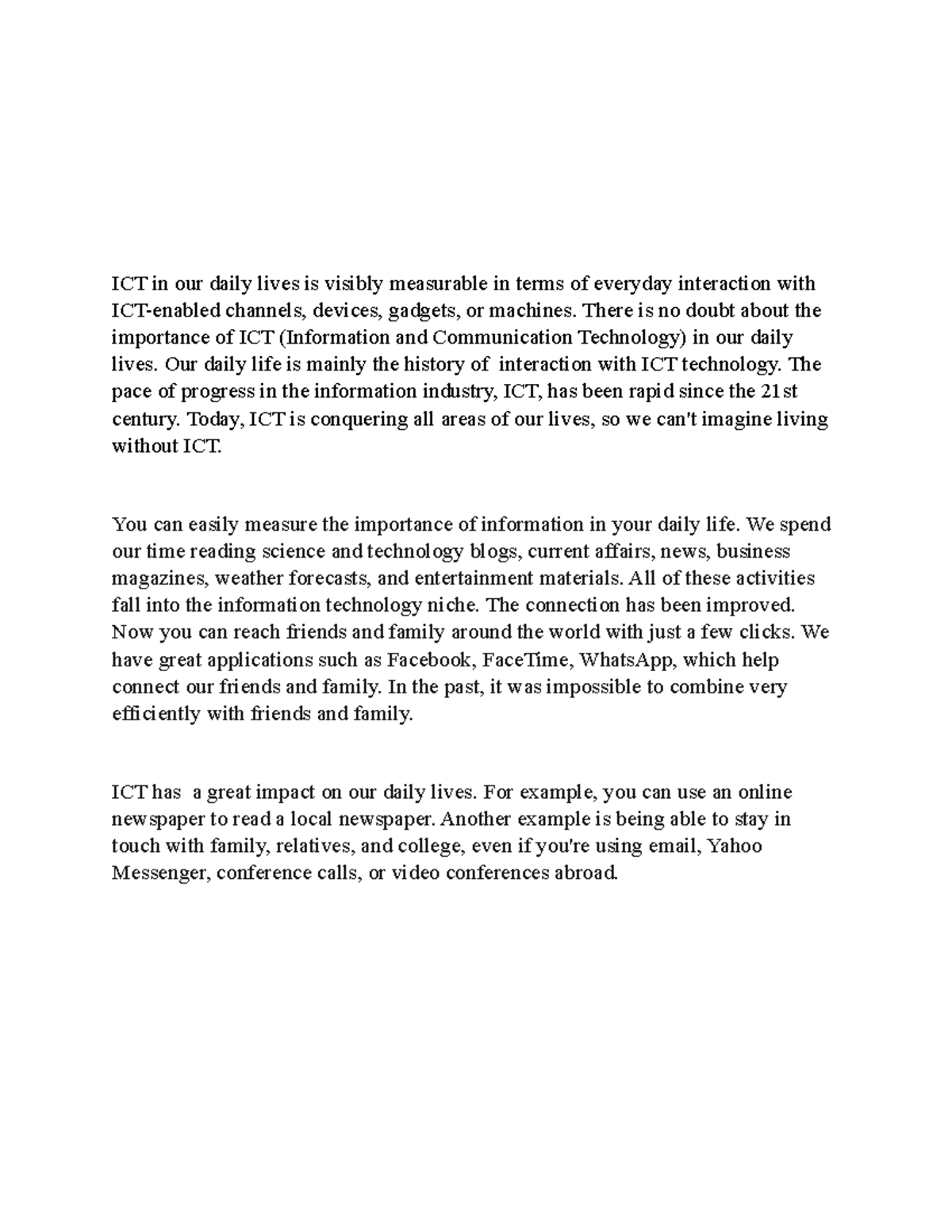 Ict - Grade: 12 - ICT in our daily lives is visibly measurable in terms ...