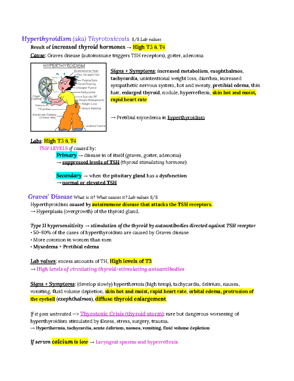 Hyper/Hypothyroidism - Hyperthyroidism (aka) Thyrotoxicosis S/S Lab values Result of increased ...