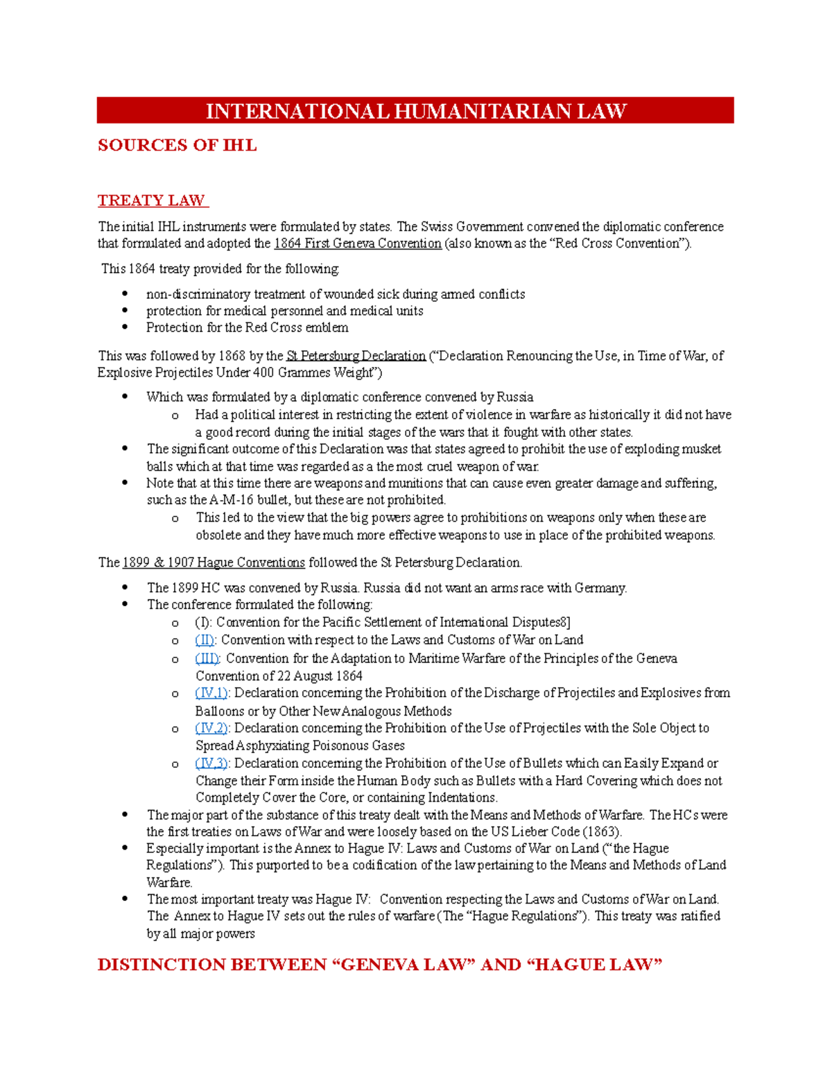IHL Notes - INTERNATIONAL HUMANITARIAN LAW SOURCES OF IHL TREATY LAW ...