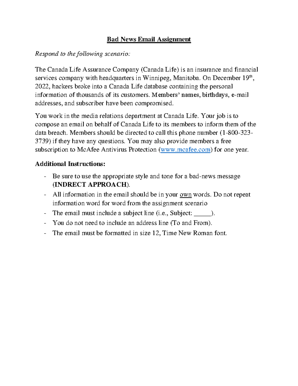 Bad News Assignment - Bad News Email Assignment Respond to the ...