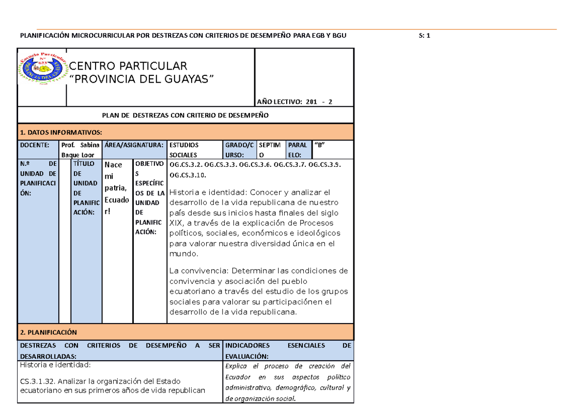 1 PLAN DE Destrezas - Documentacion - PLANIFICACIÓN MICROCURRICULAR POR ...
