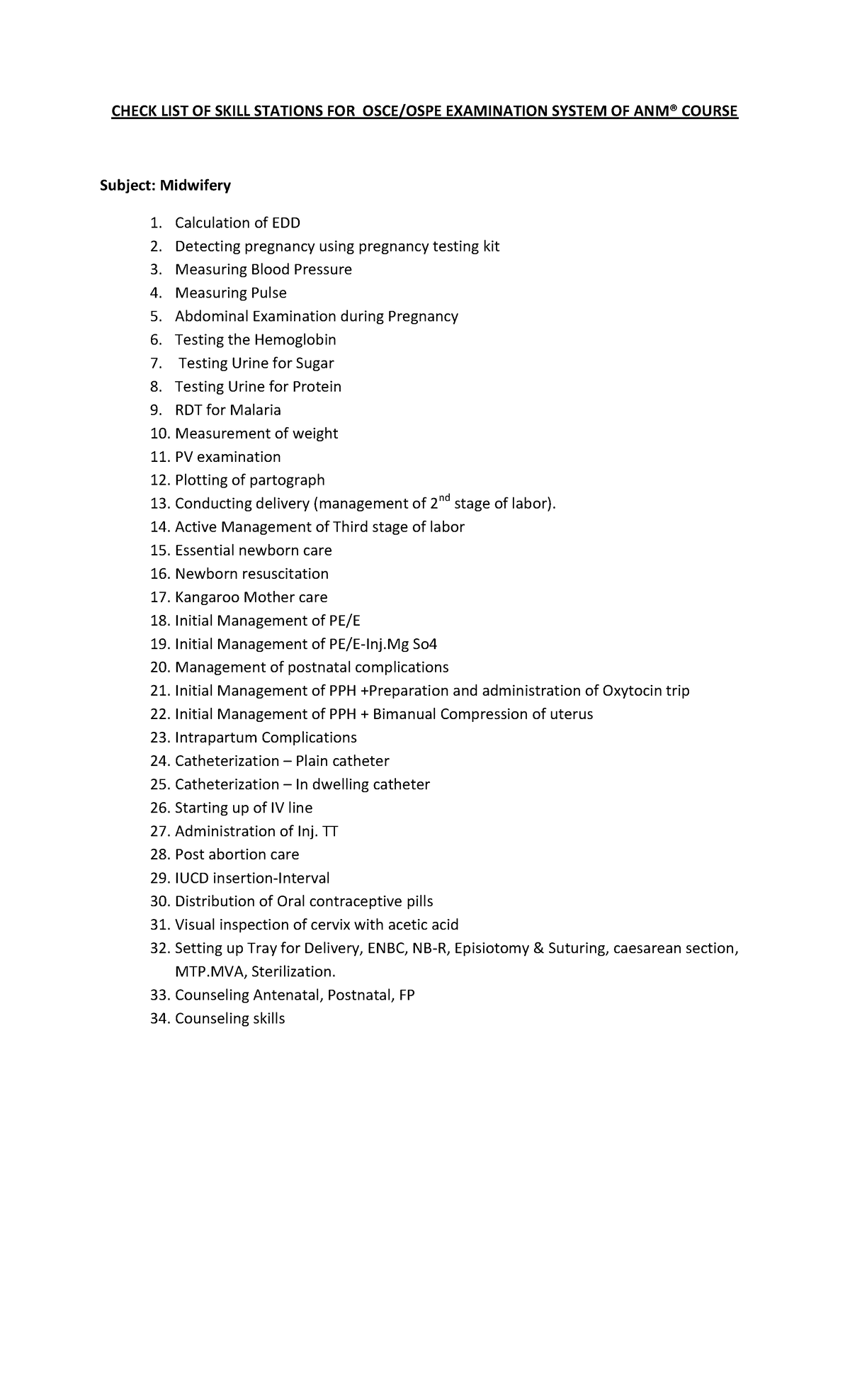 Osce - practical guide - CHECK LIST OF SKILL STATIONS FOR OSCE/OSPE ...