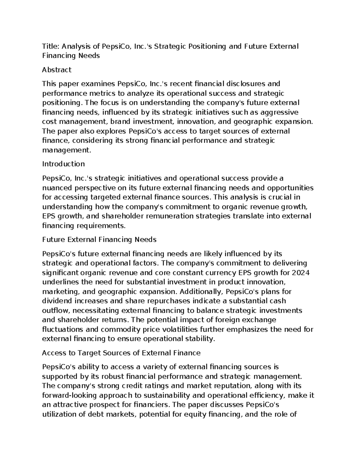 Document - Title: Analysis of PepsiCo, Inc.'s Strategic Positioning and ...
