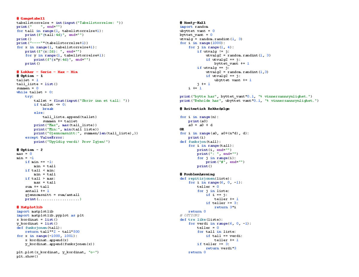 Python-Eksam - Oppsumering - Gangetabell tabellstorrelse = int(input ...