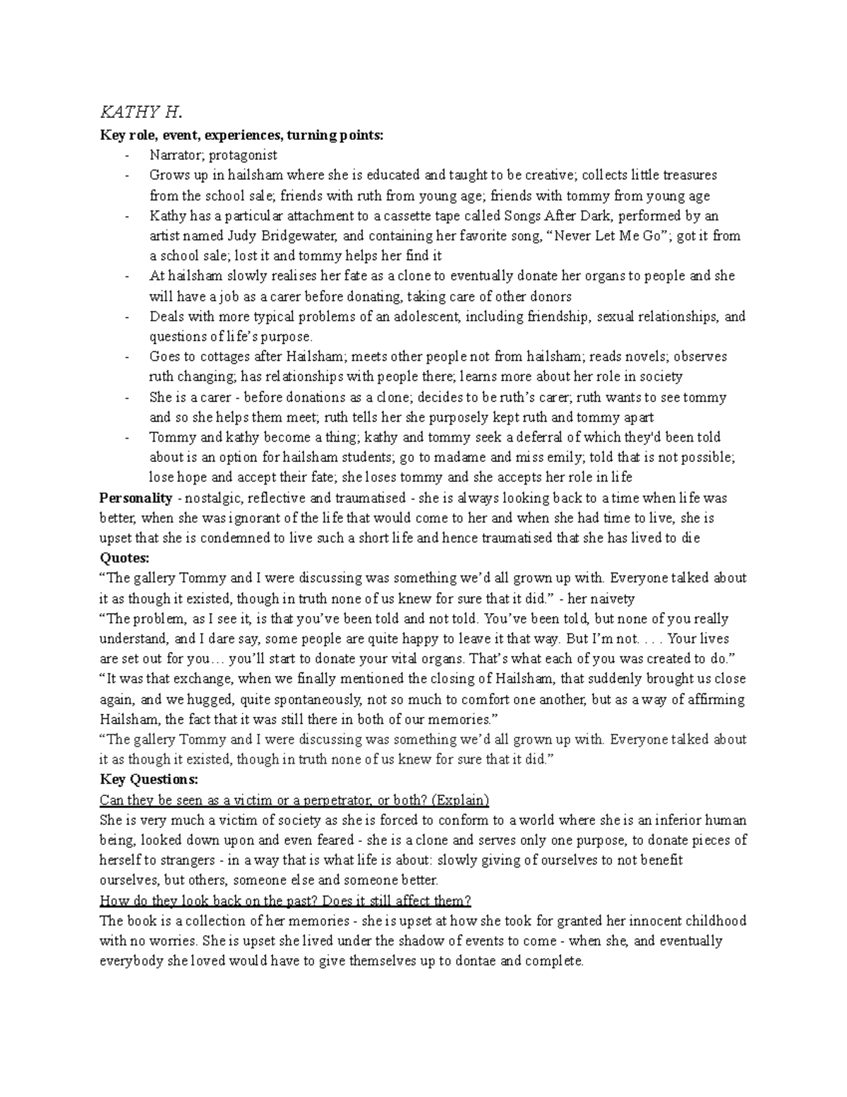 Never let me go Characters - ENG34 - Studocu