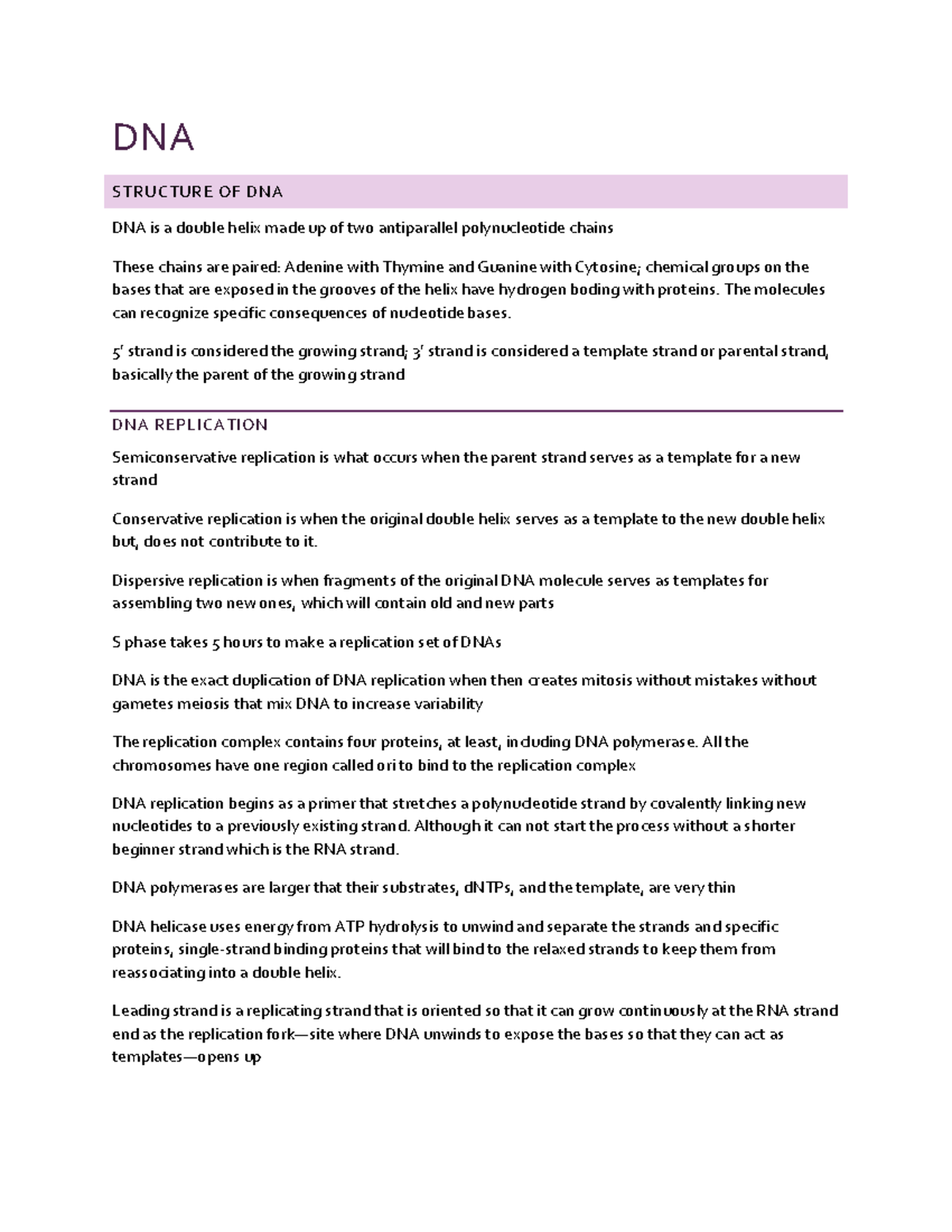 DNA - Lecture notes 5 - DNA STRUCTURE OF DNA DNA is a double helix made ...