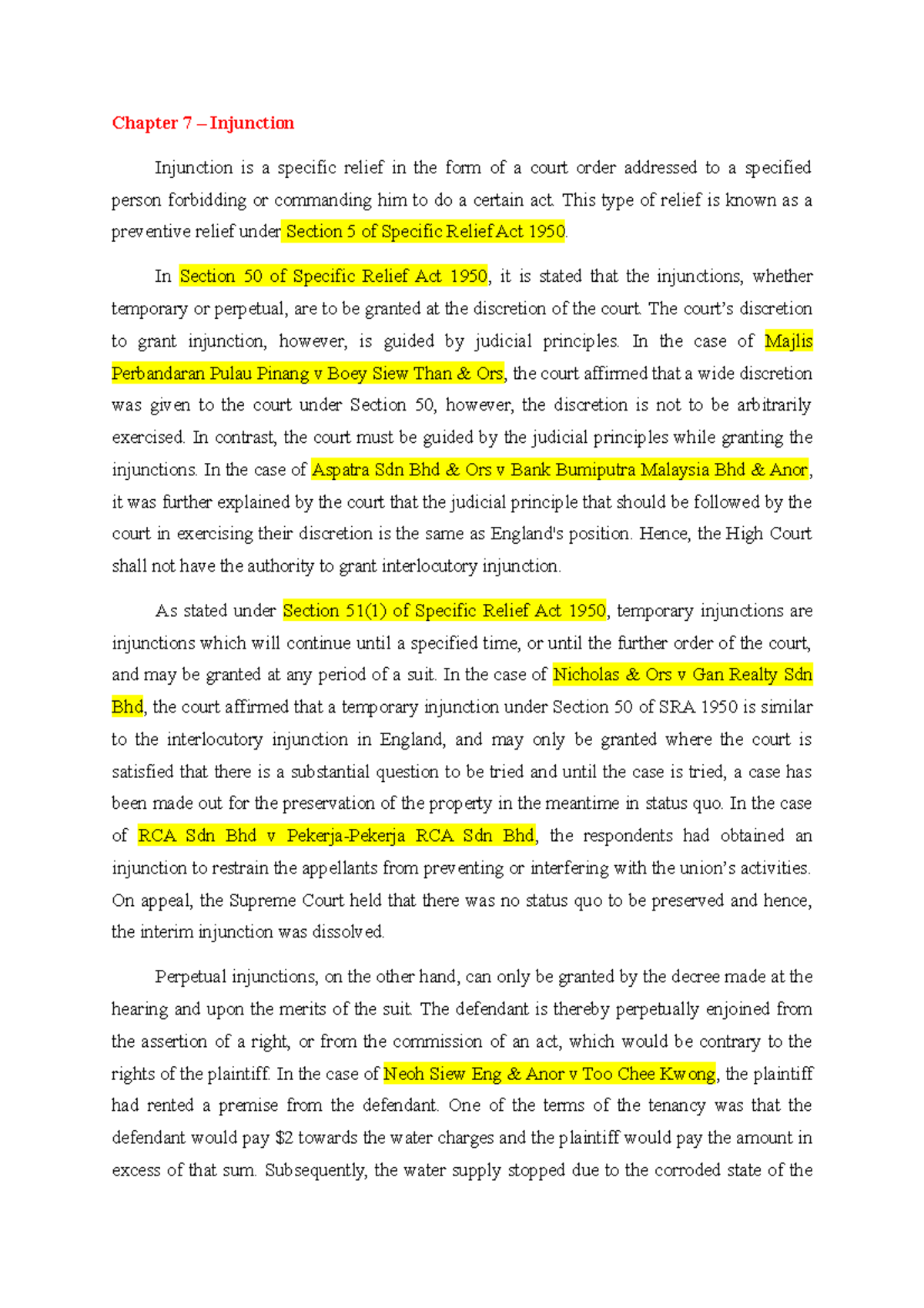 Final (Chapter 7 - Injunction) - Chapter 7 – Injunction Injunction is a ...