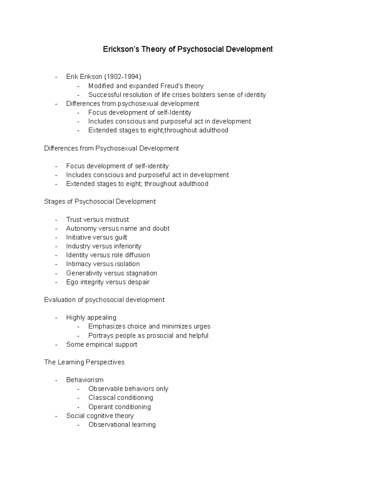 developmental psychology - Erickson’s Theory of Psychosocial ...