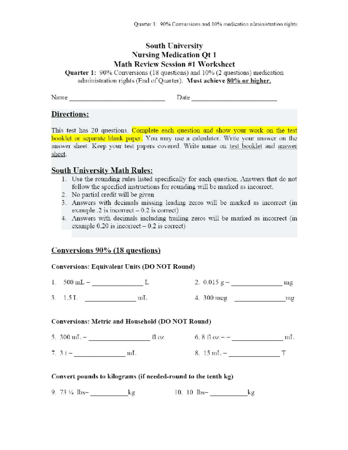 Math session 1 exam - math examples - NSG 3001 - Studocu