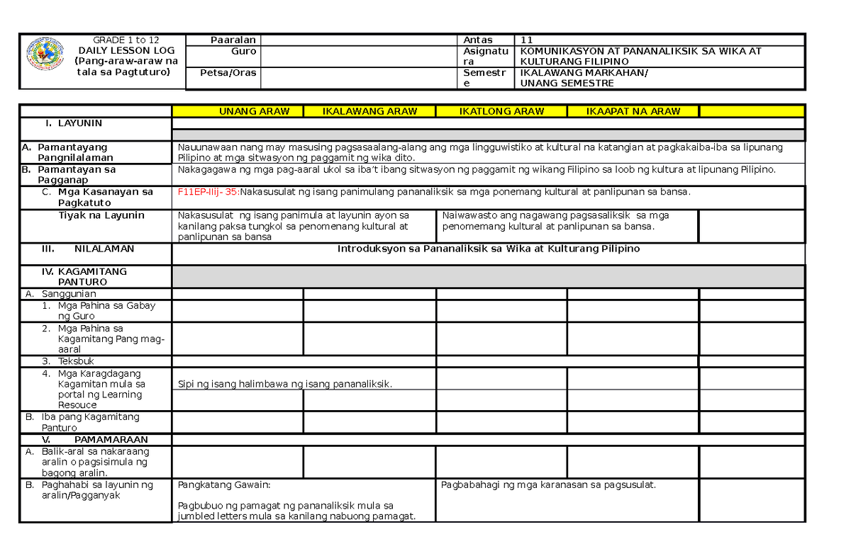 WEEK 8 - KPWKP - GRADE 1 to 12 DAILY LESSON LOG (Pang-araw-araw na tala ...