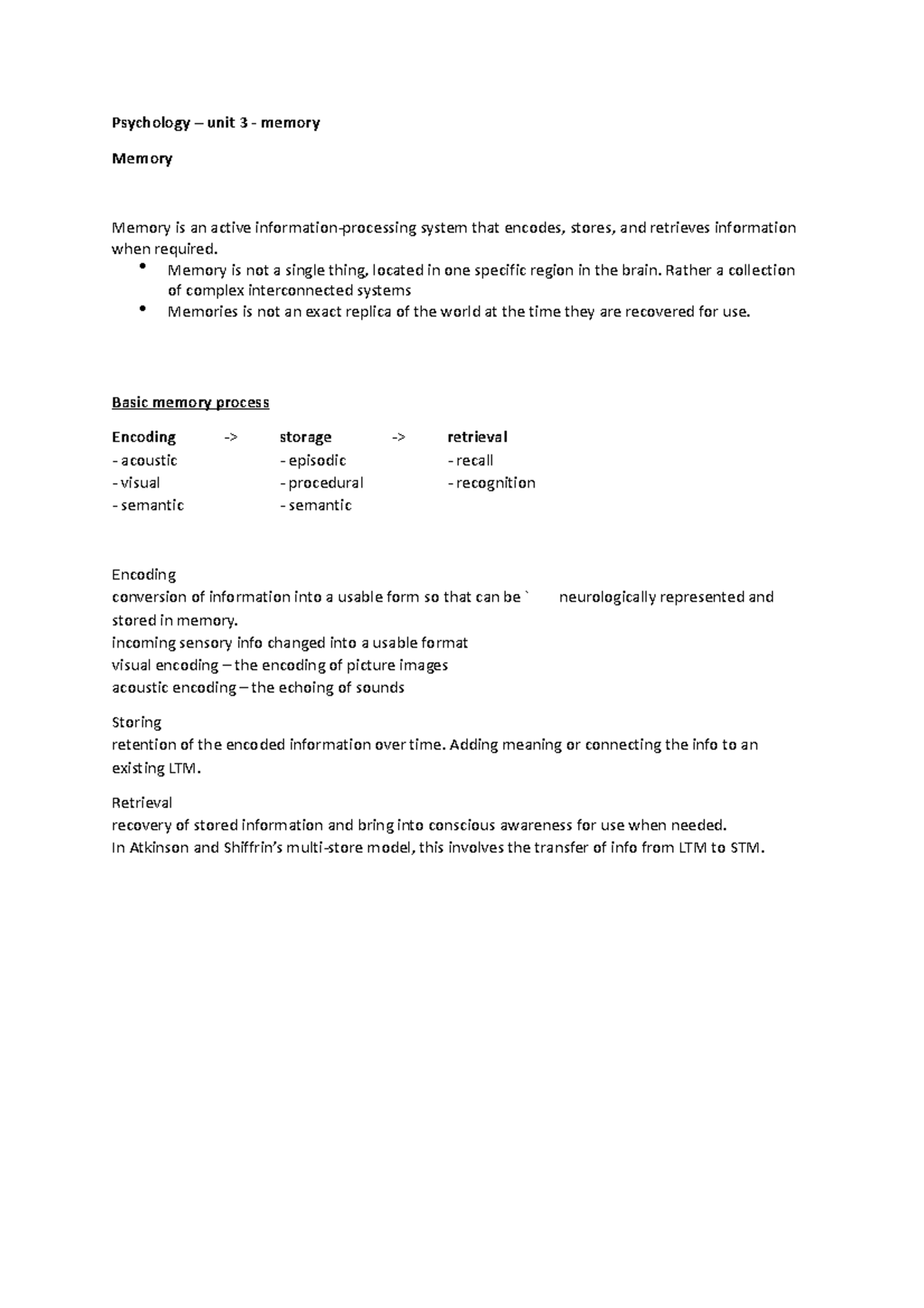 Unit 3 memory notes - ...... - Psychology – unit 3 - memory Memory ...