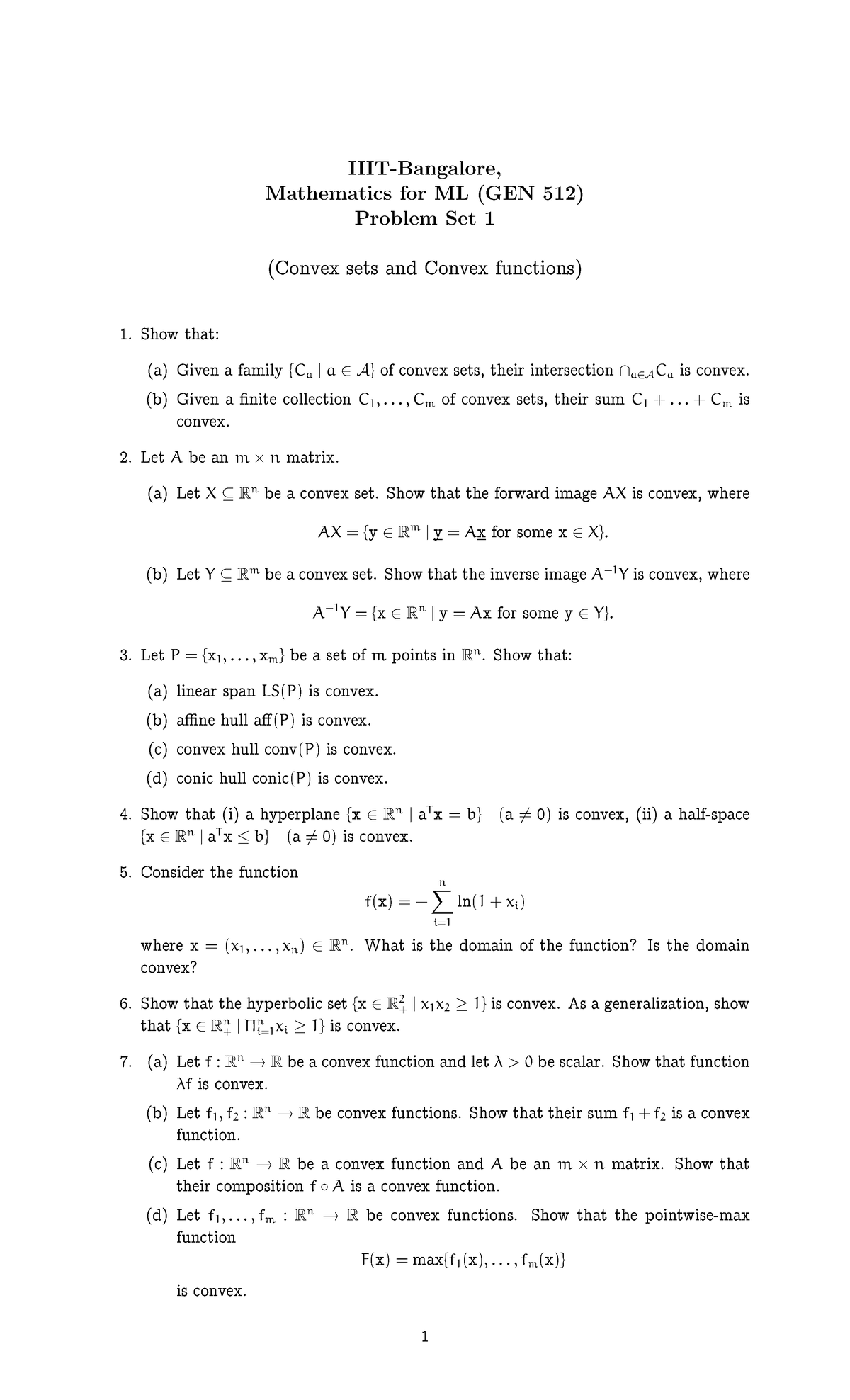 PS-1 - PS-1 - IIIT-Bangalore, Mathematics for ML (GEN 512) Problem Set 1 (Convex sets and Convex ...