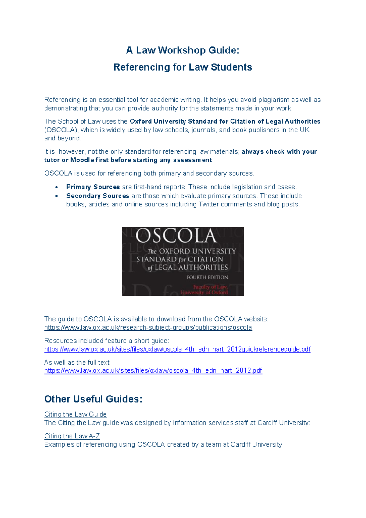 Referencing for law students - A Law Workshop Guide: Referencing for Law Students Referencing is ...