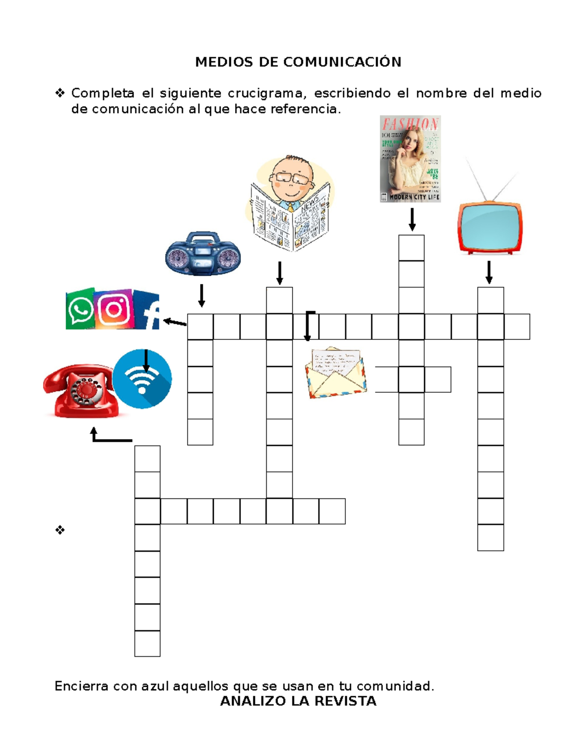 Fichas semana 8-19 abril - MEDIOS DE COMUNICACIÓN Completa el siguiente crucigrama, escribiendo ...