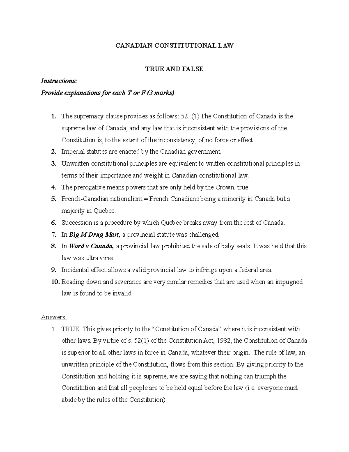 10. True and False Quiz - CANADIAN CONSTITUTIONAL LAW TRUE AND FALSE ...