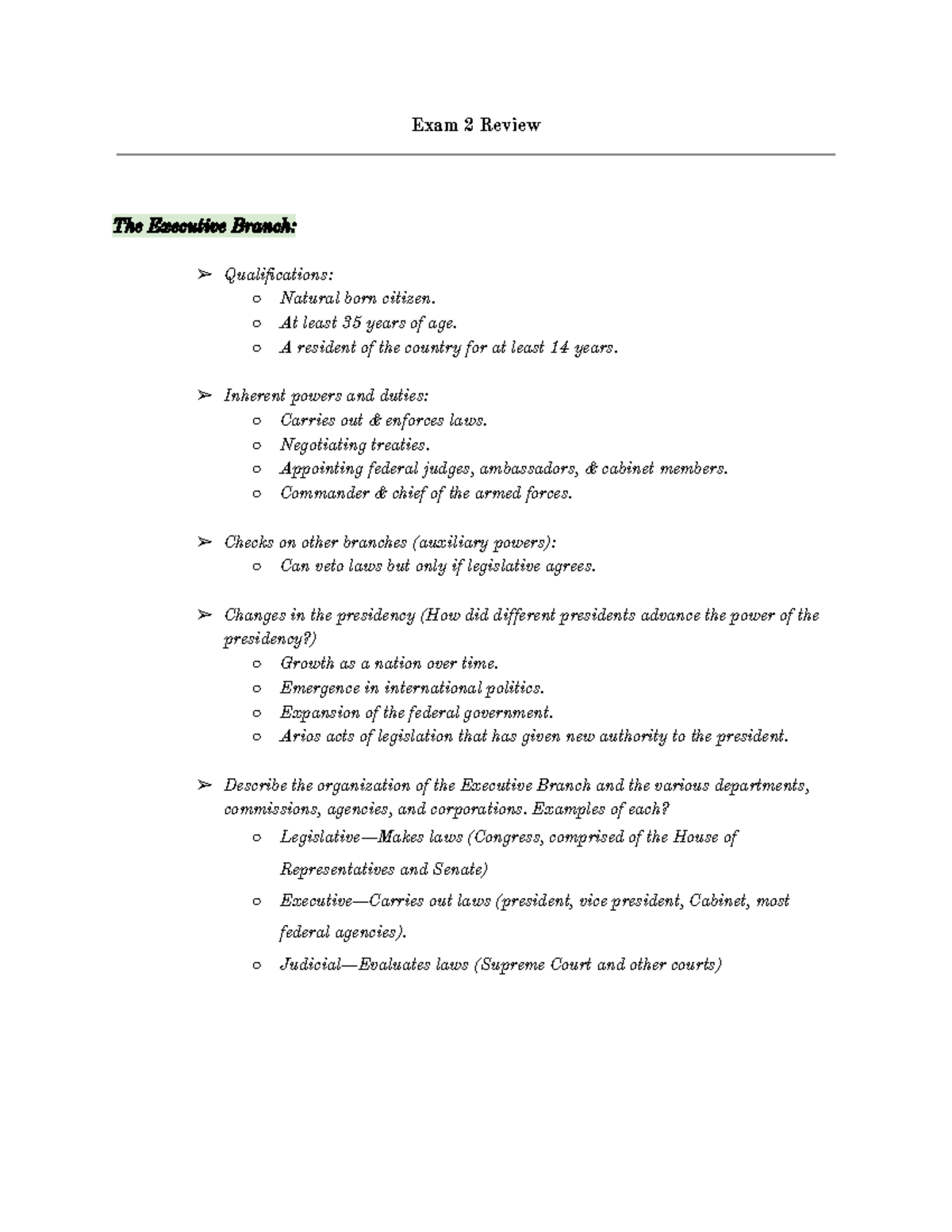 Exam 2 Review - The Executive/Judicial Branches - Exam 2 Review The ...